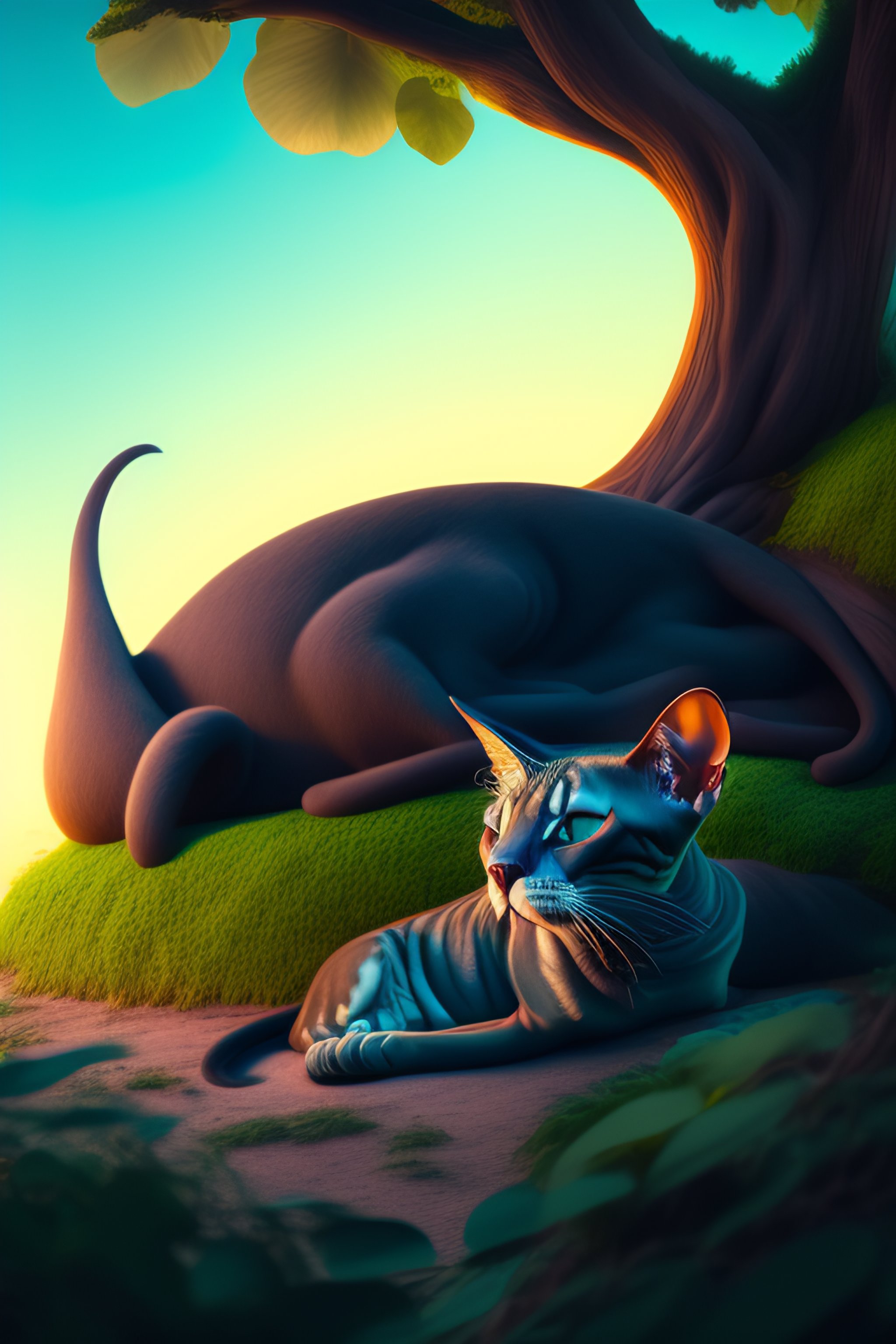 Lexica - Wide angle view from a distance of a sphinx cat sleeping under ...