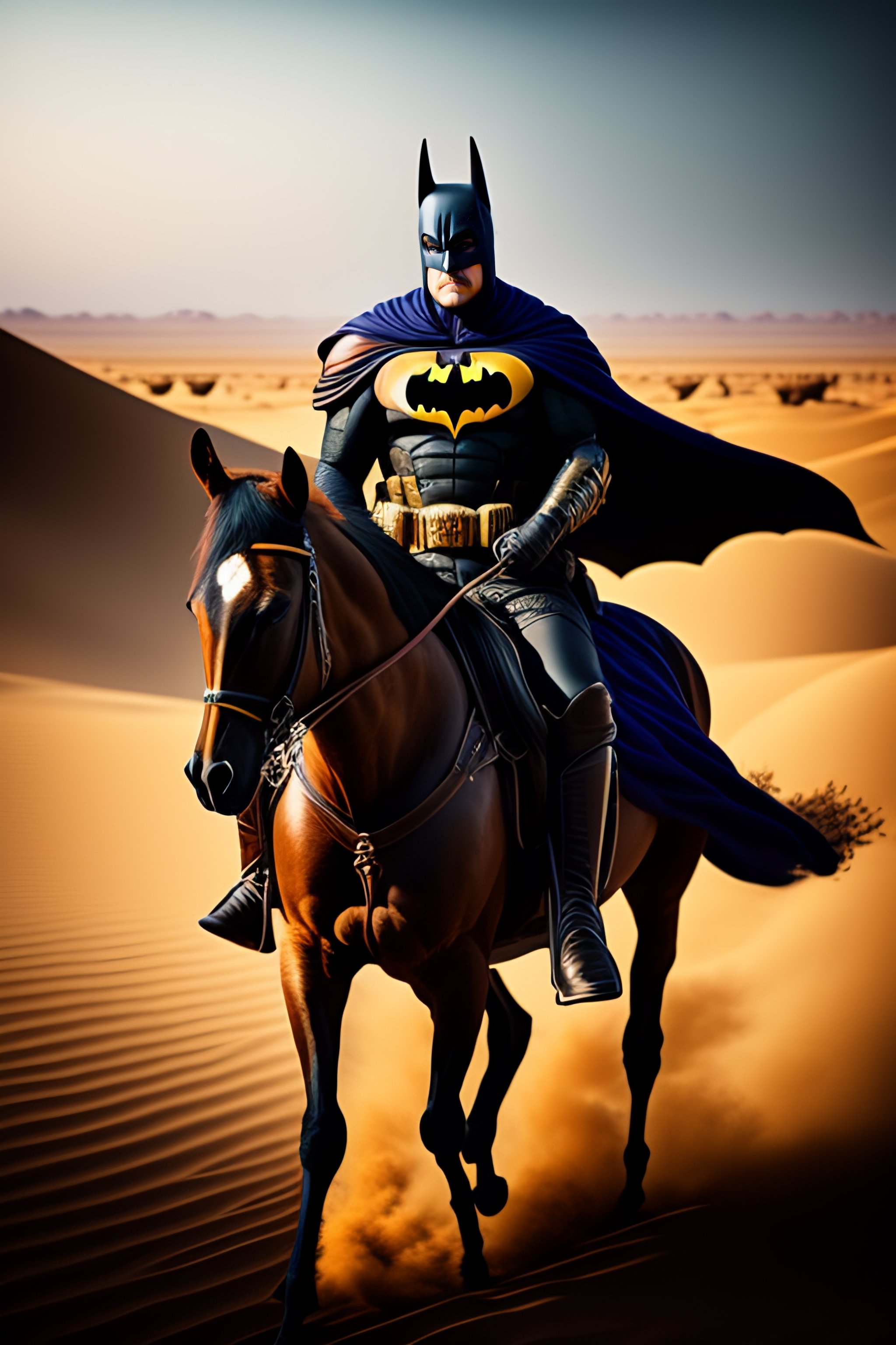 Lexica - Batman riding a horse in the desert