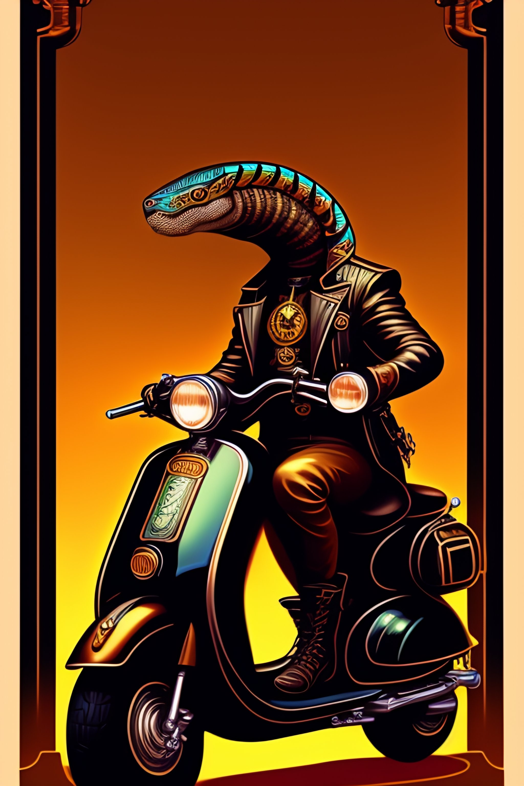 Lexica - A steampunk snake fursona with boots sitting on a vespa moped ...