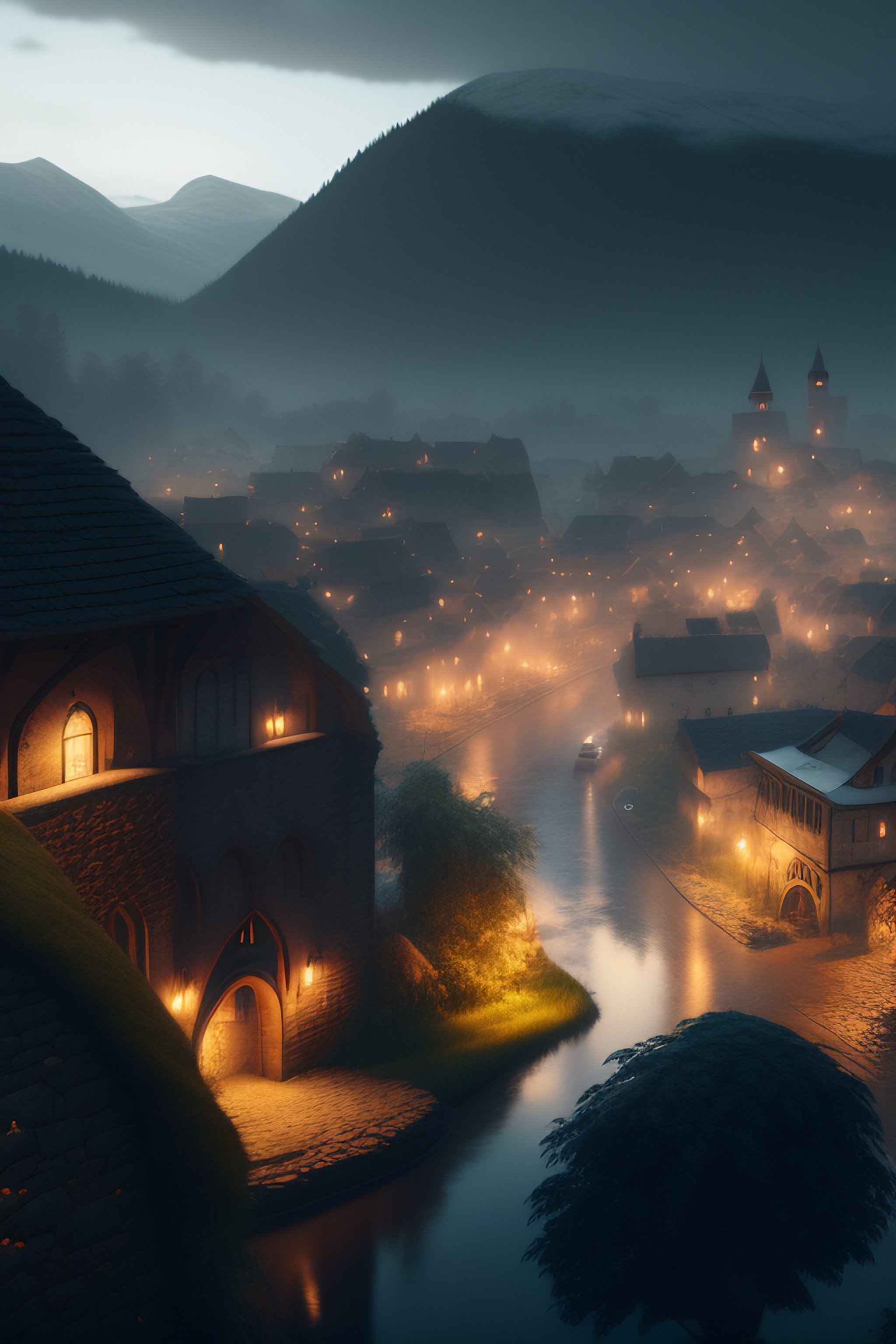 Lexica - The center of a poor medieval town under heavy rain at late ...