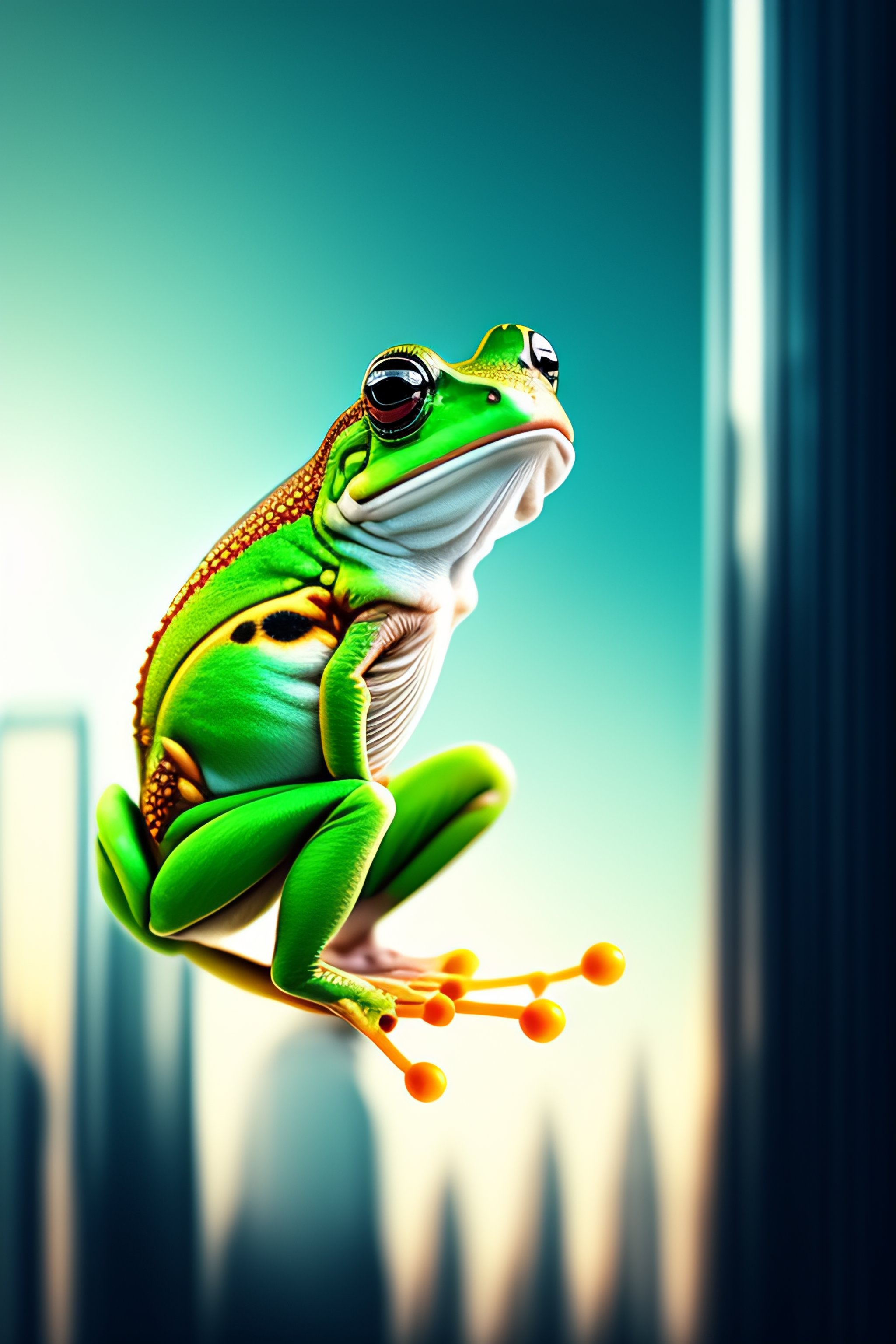 Lexica - Portrait of a frog jumping from a city building with ...