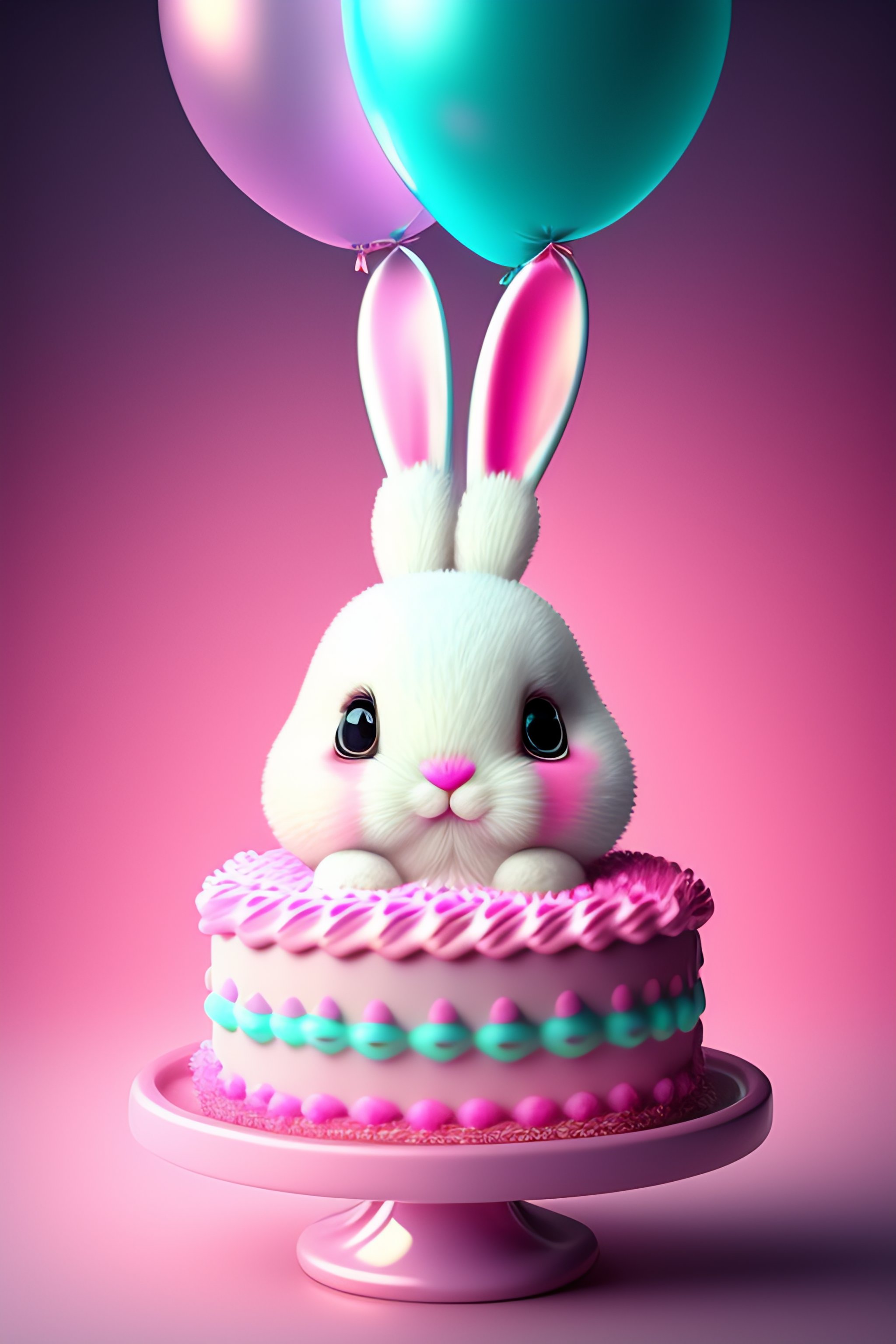 Lexica - Cute little pink bunny celebrating birthday with balloons and cake