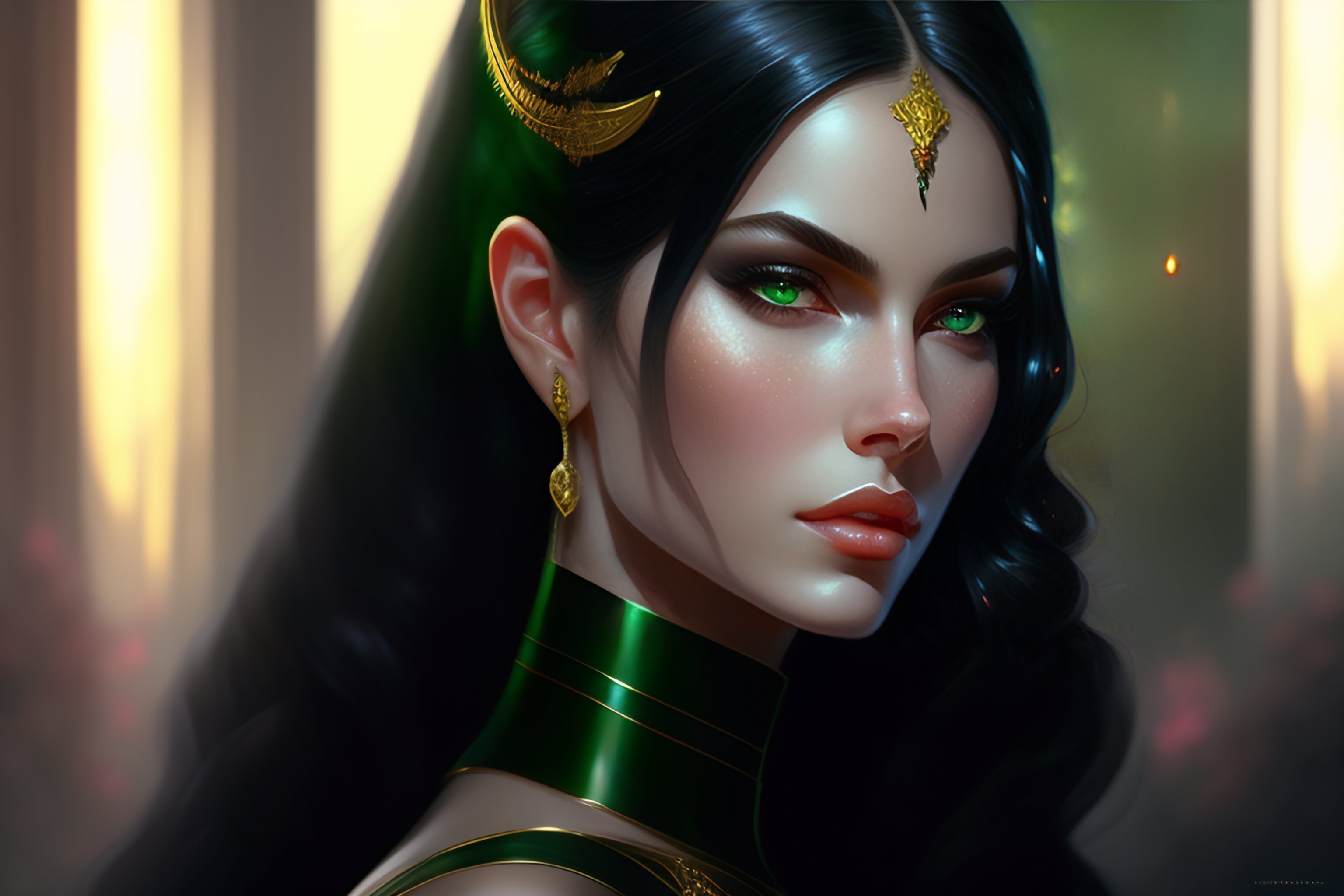 Lexica - Black hair woman, pale skin, white skin, green eyes, black ...