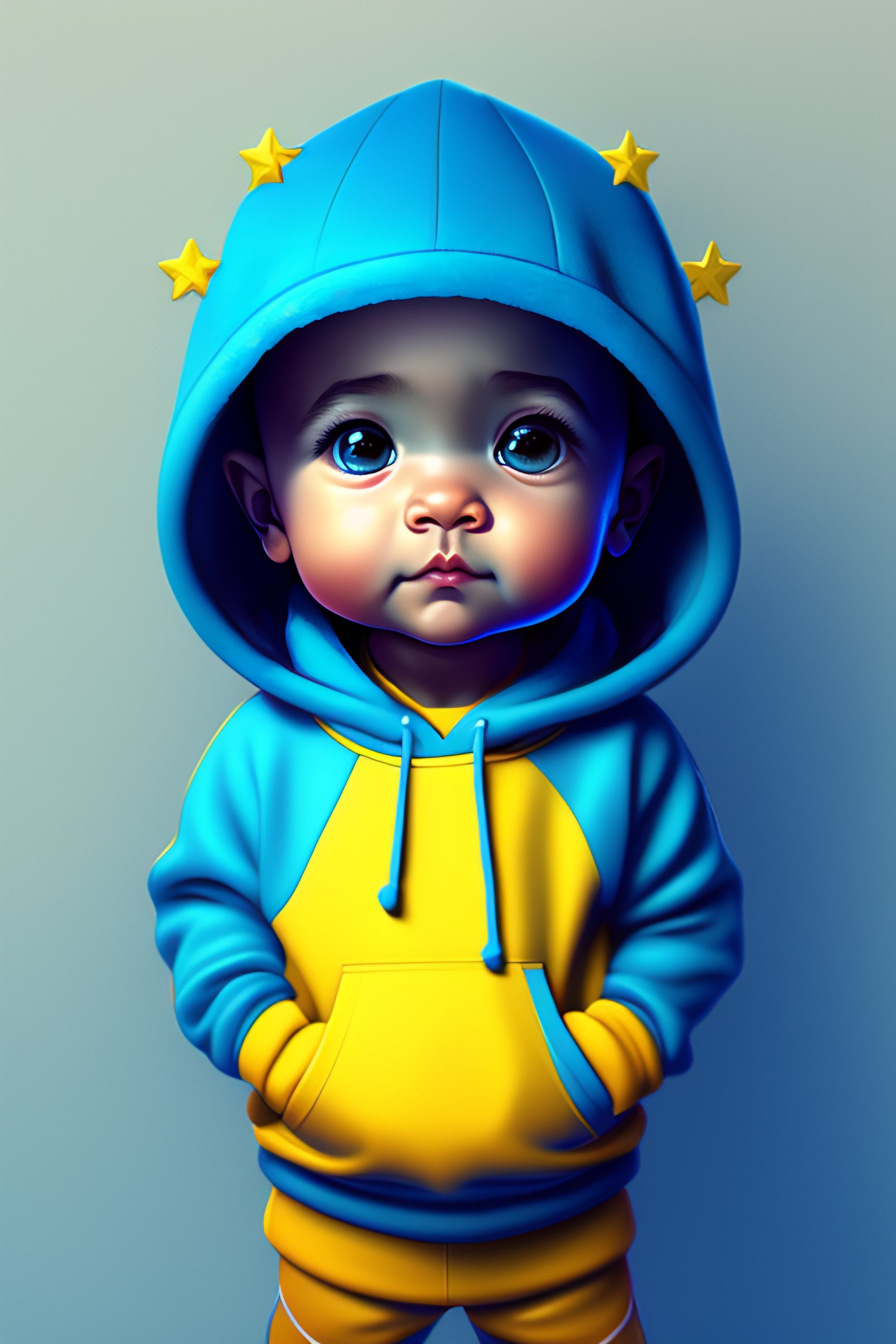 Lexica - Cute adorable cartoon tan bald male baby wearing a blue hoodie ...
