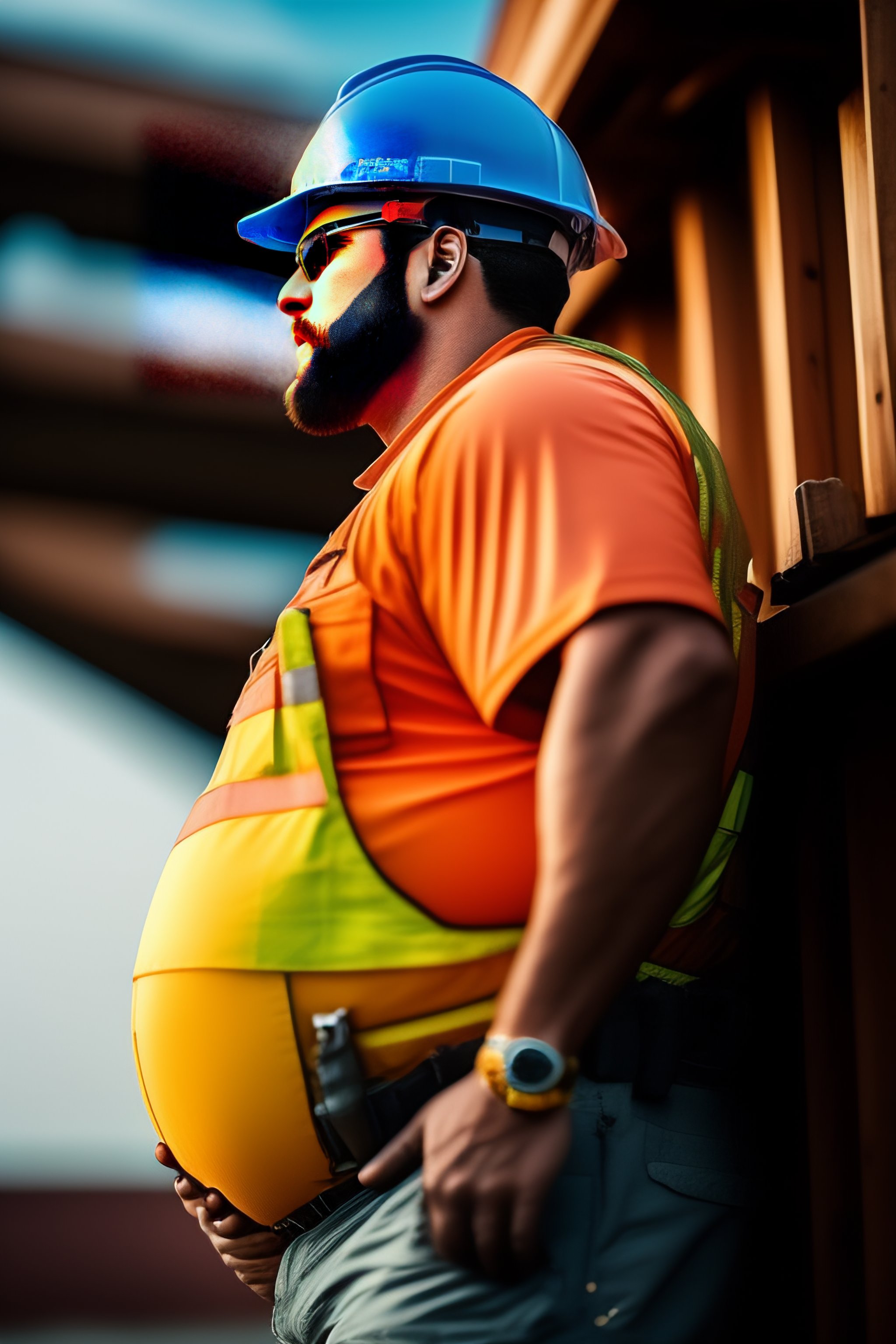 Lexica - A construction worker, with a (large belly)++++++, amateur photo