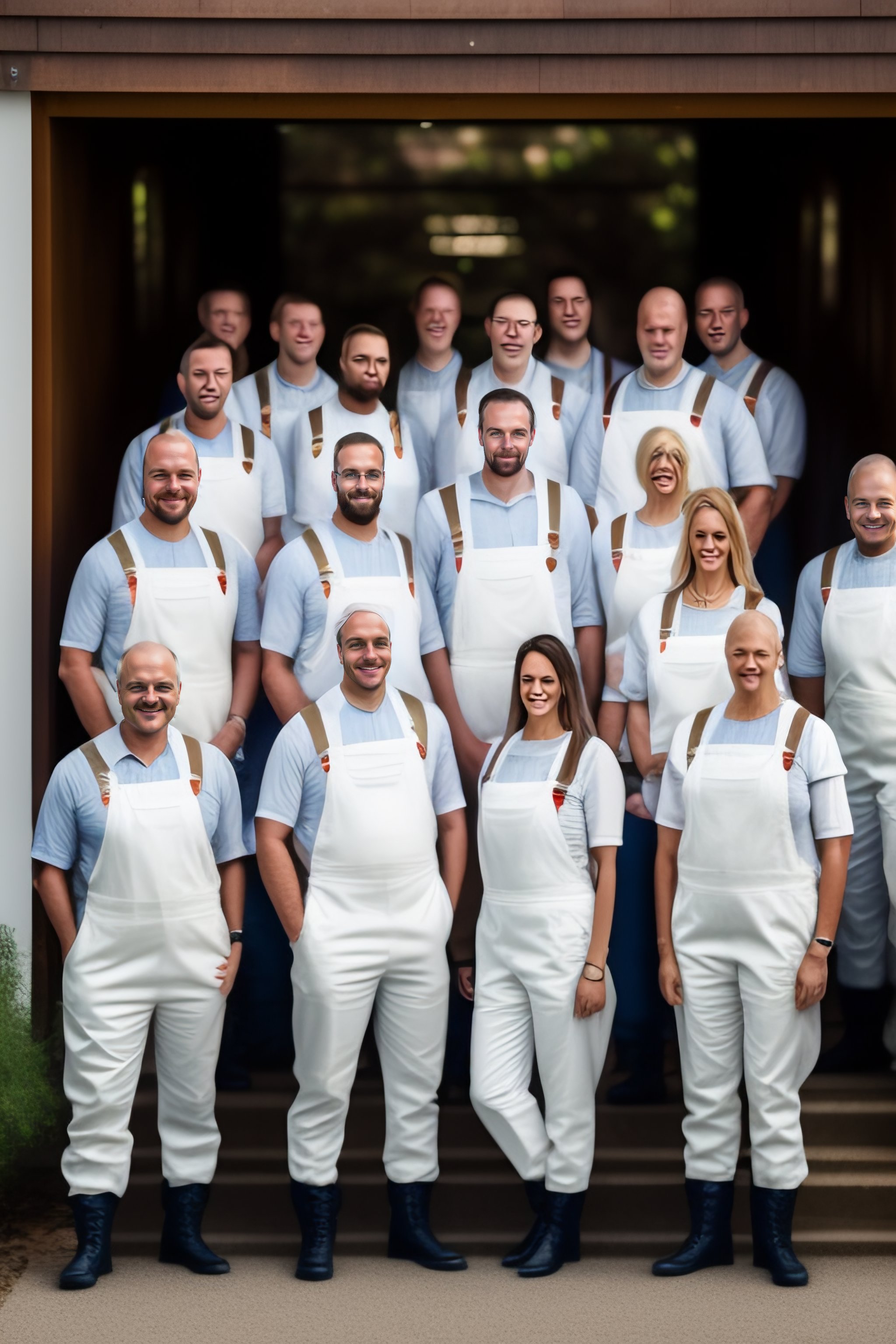 Lexica - An army of smiling painters wearing white dungarees, wide ...