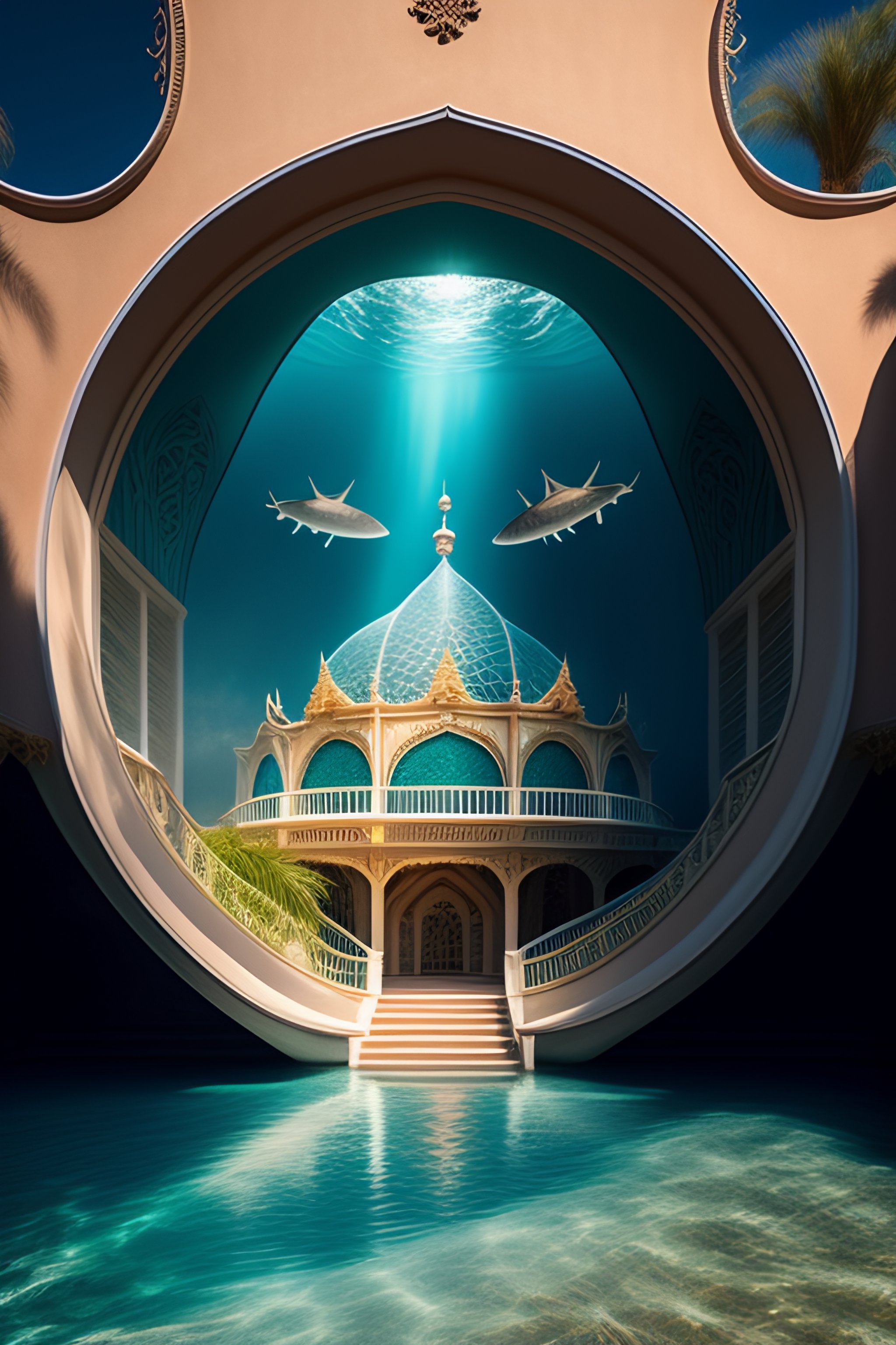 Lexica - A magical water palace with sting rays swimming around the palace