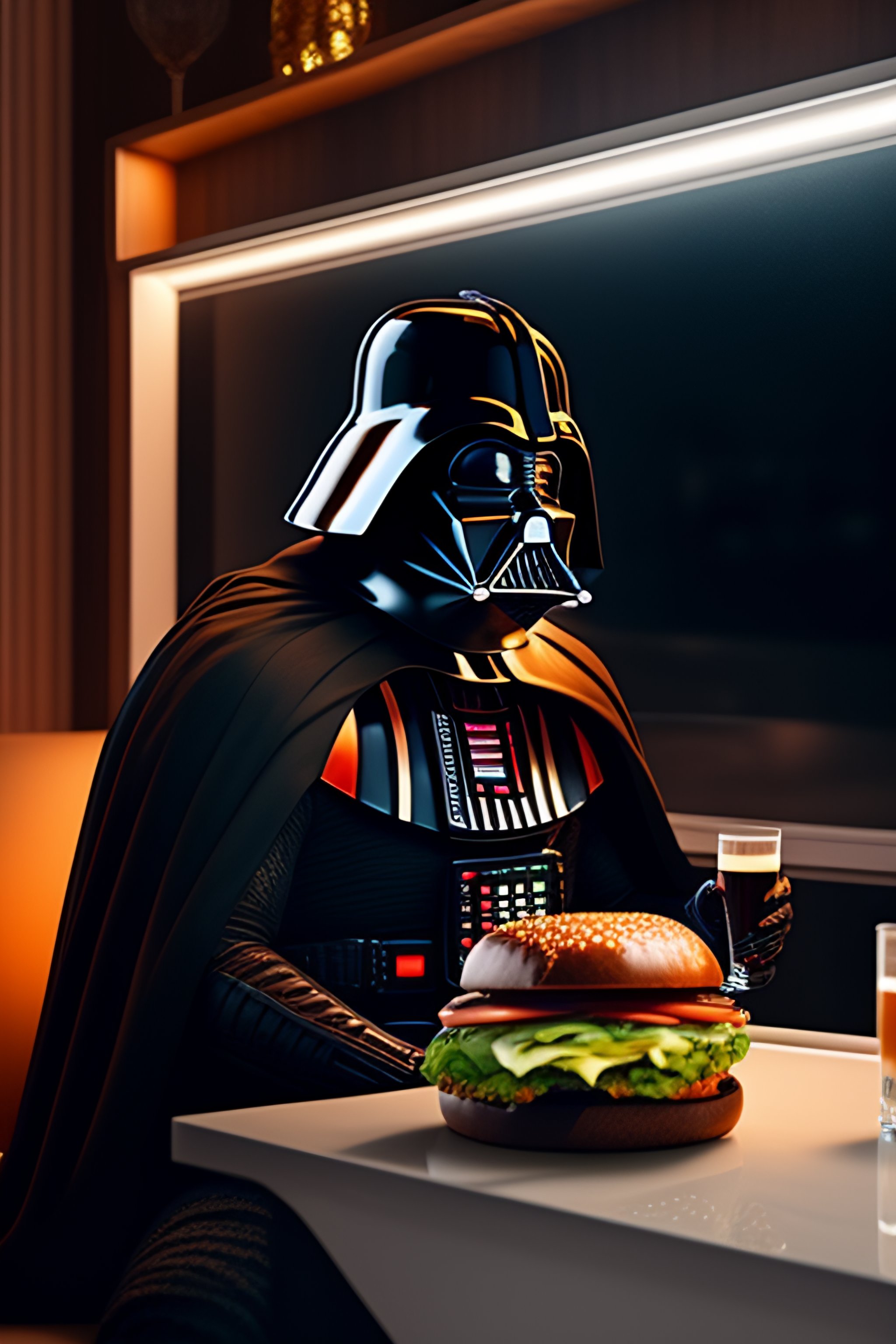 Lexica - Darth Vader eating a sandwich in a couch in the night, the tv ...