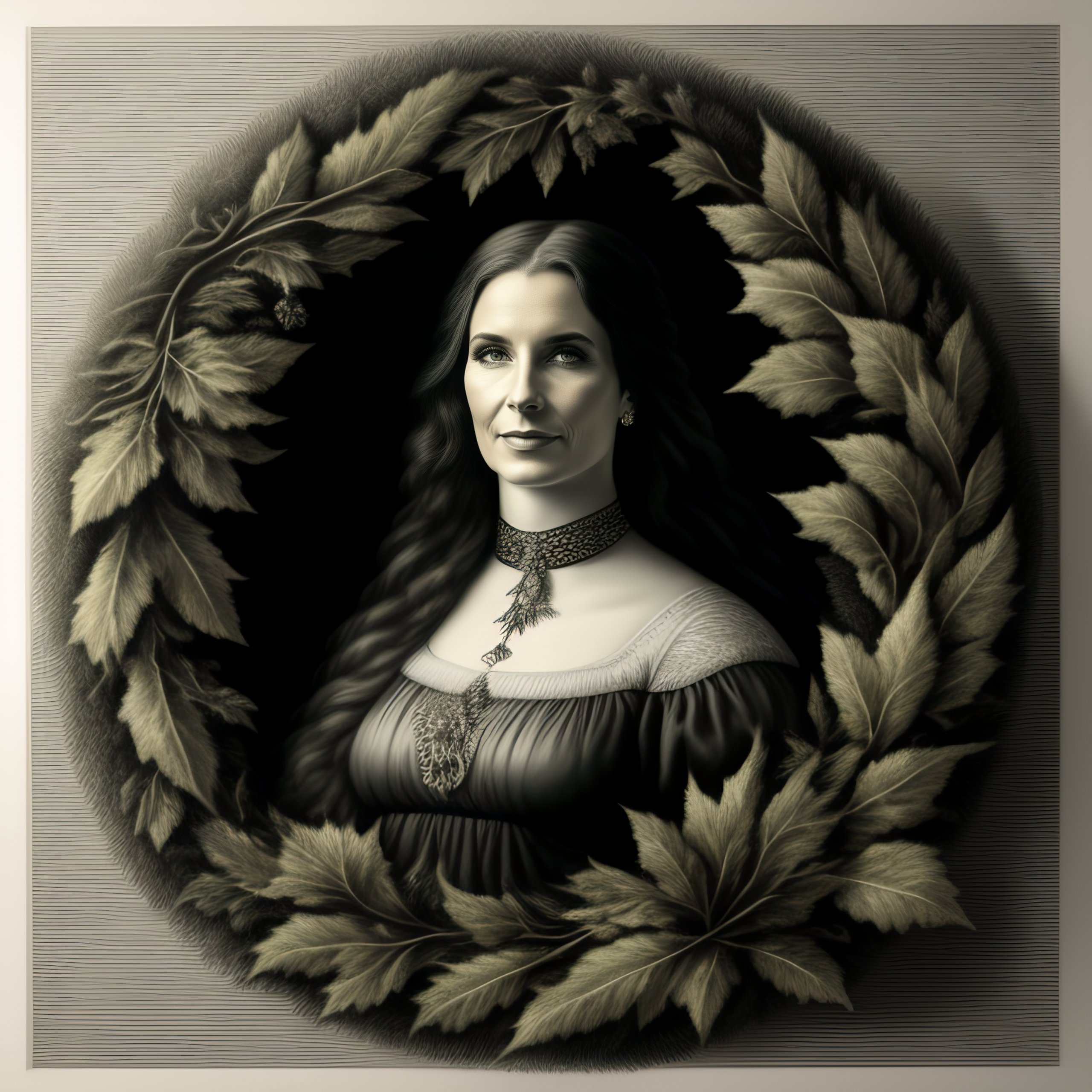Lexica - Monochrome engraving of a woman, witch, herbalist, surrounded ...