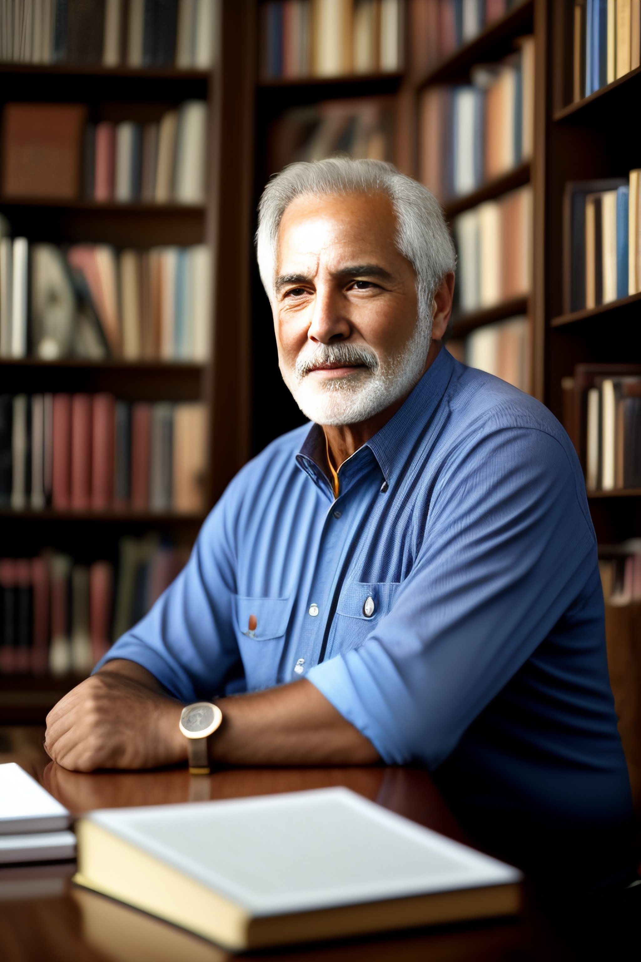 Lexica - An artistic smalltown male writer over 55 in his library