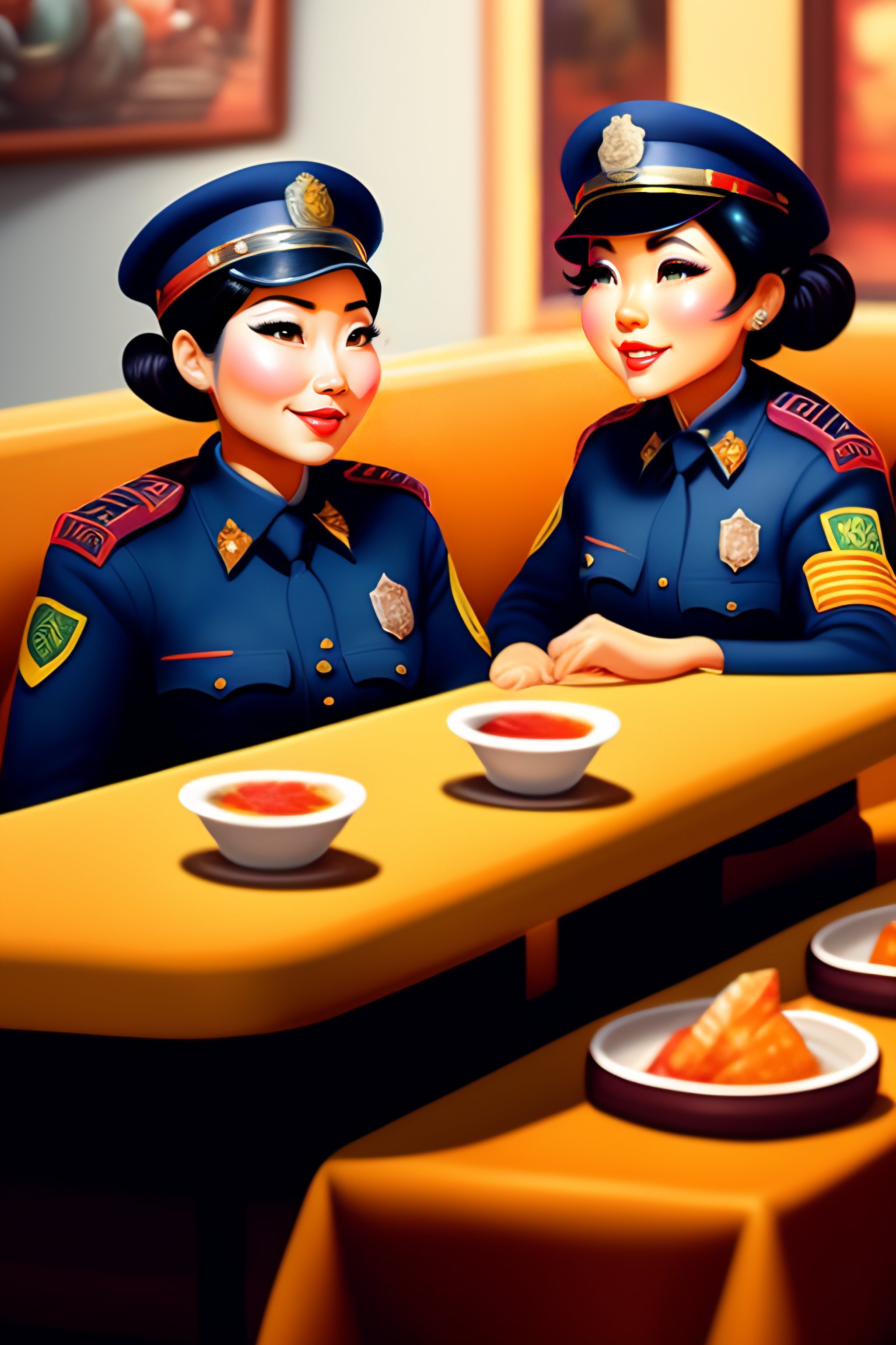 Lexica - Pixar art of two police girls eating some sushi sitting around ...