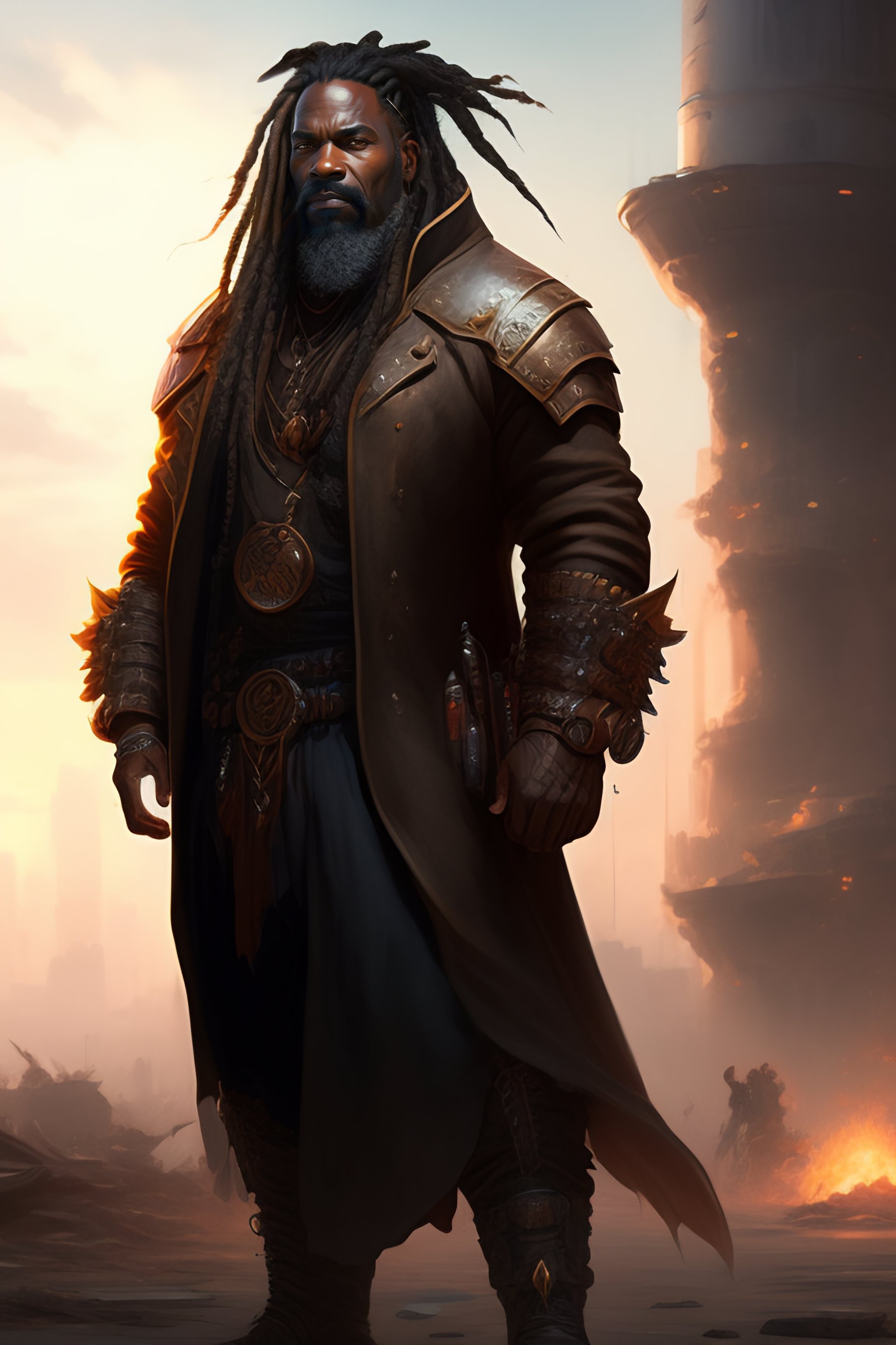 Lexica - Portrait of old mage man brown skin dreadlocks in front an ...