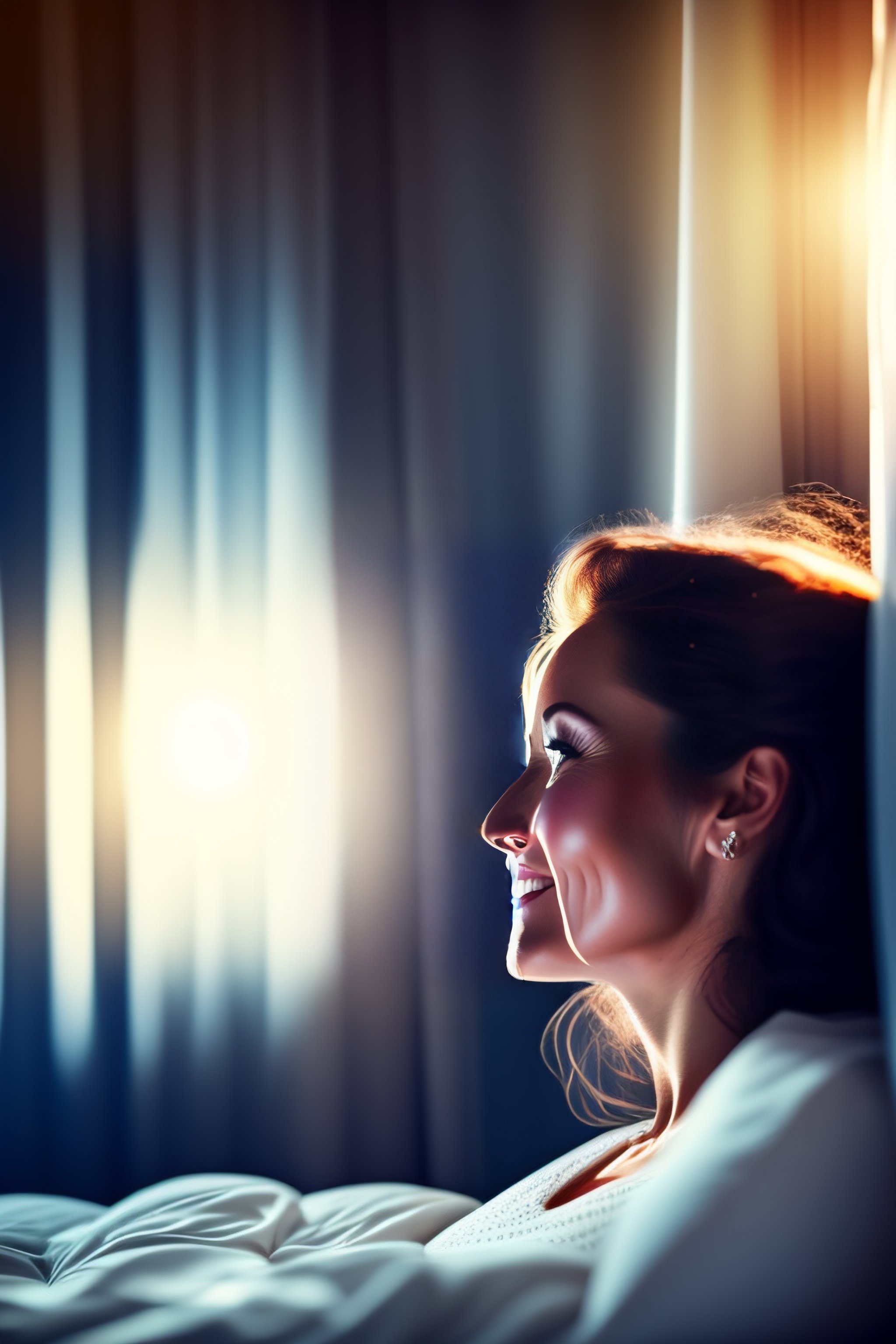 Lexica - Woman waking up in the morning with a good mood. Sun shining ...