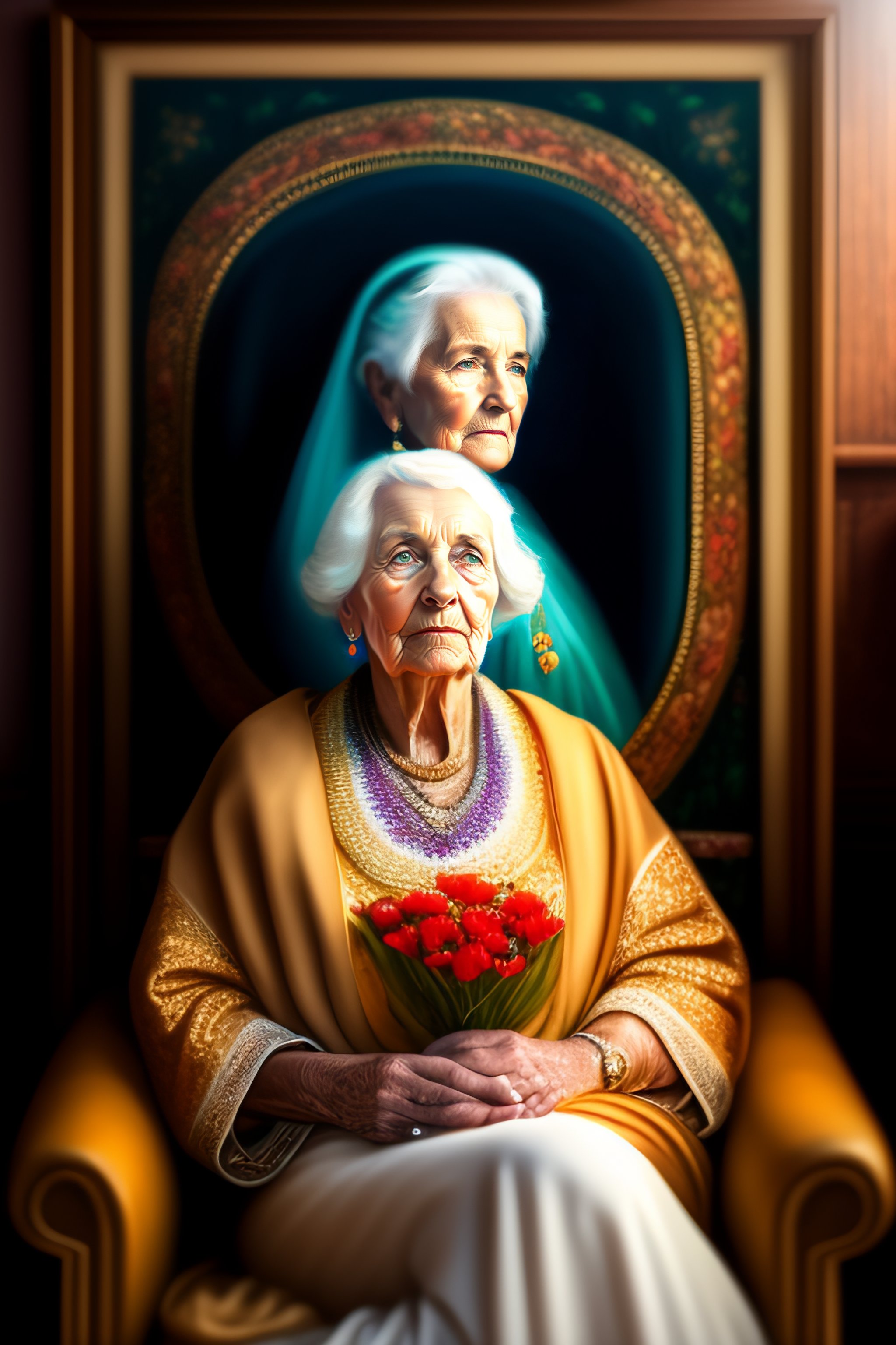 Lexica - Old Woman Baba jaga Portrait with an beautyful Flowers on Sofa