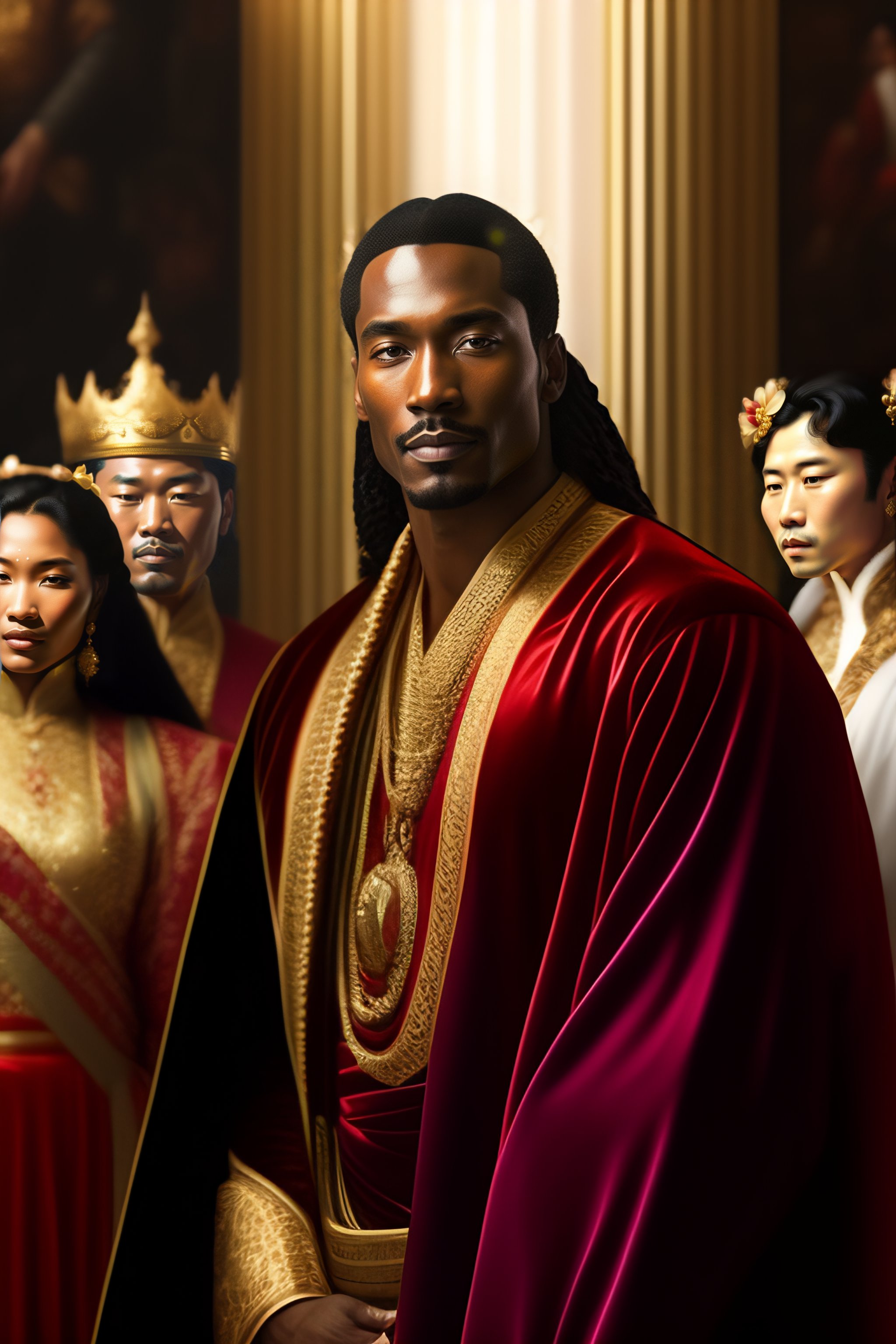 Lexica - Portrait of a king in a bathrobe surrounded by concubines