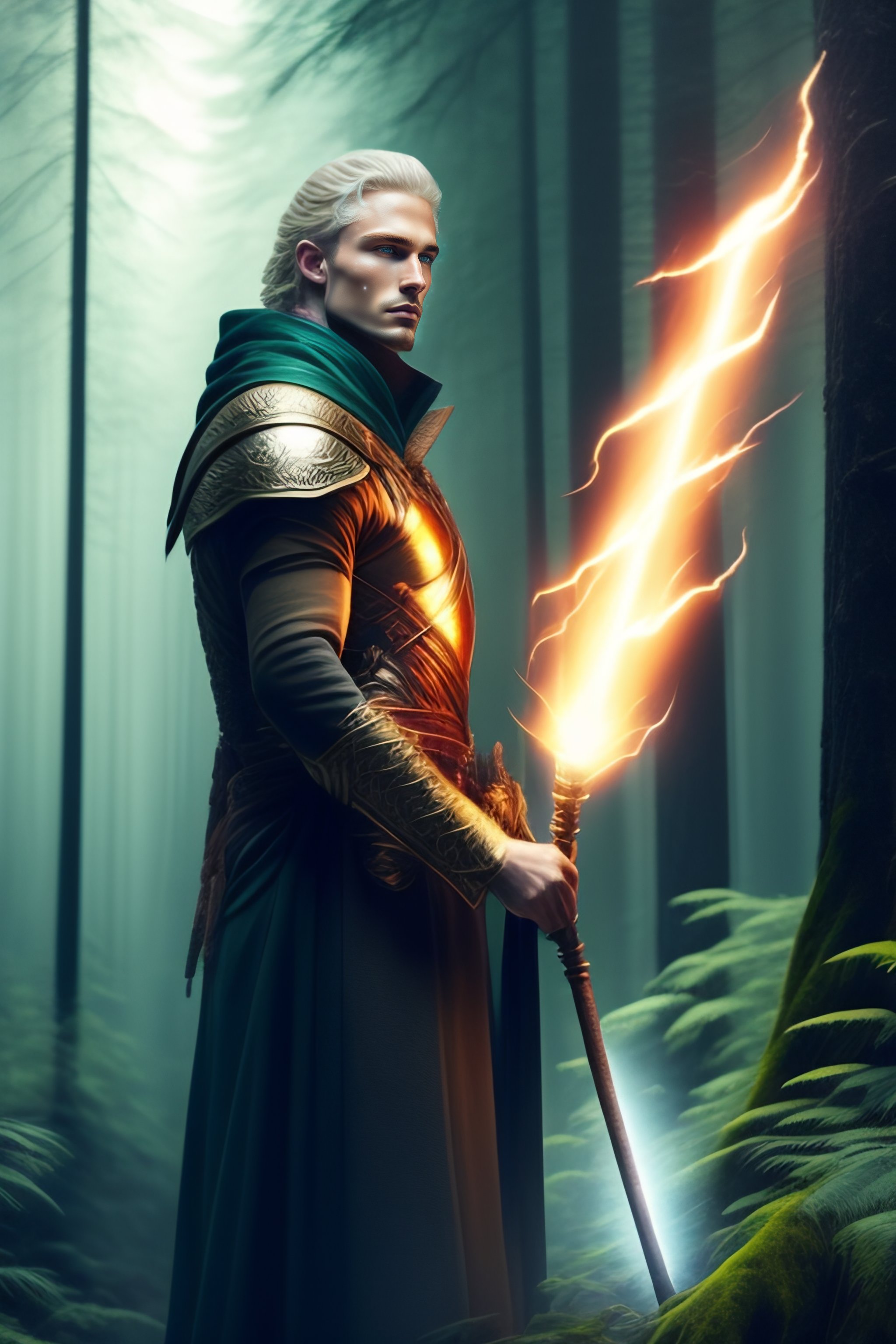Lexica - A masculine blond wizard with pale skin inside the forest. He ...