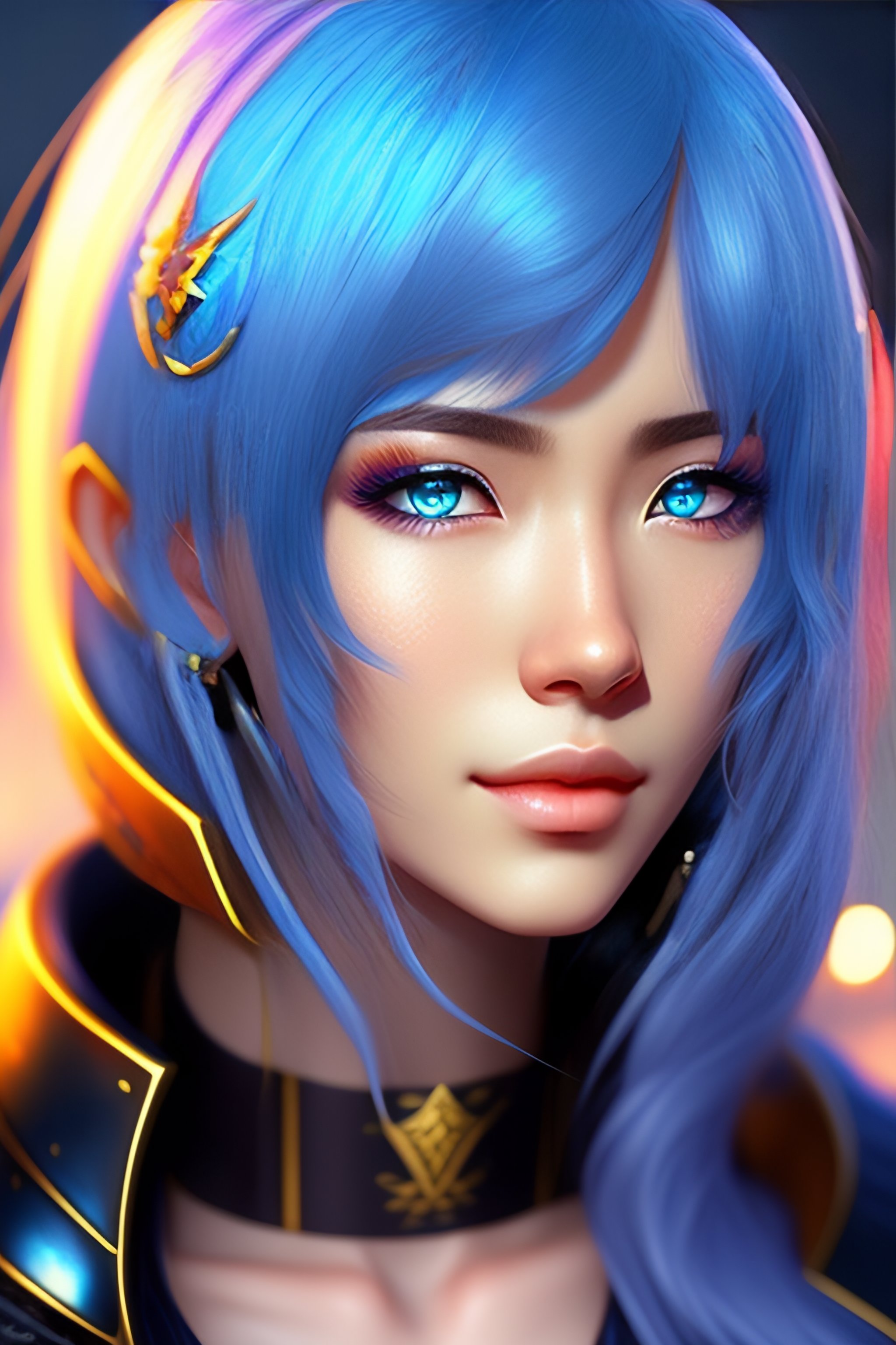 Lexica - Portrait of an anime character hyper realistic blue hair gold eyes