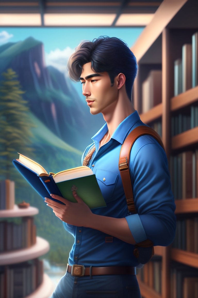Lexica - Ultra realistic man holding a book in his hand, in a library ...