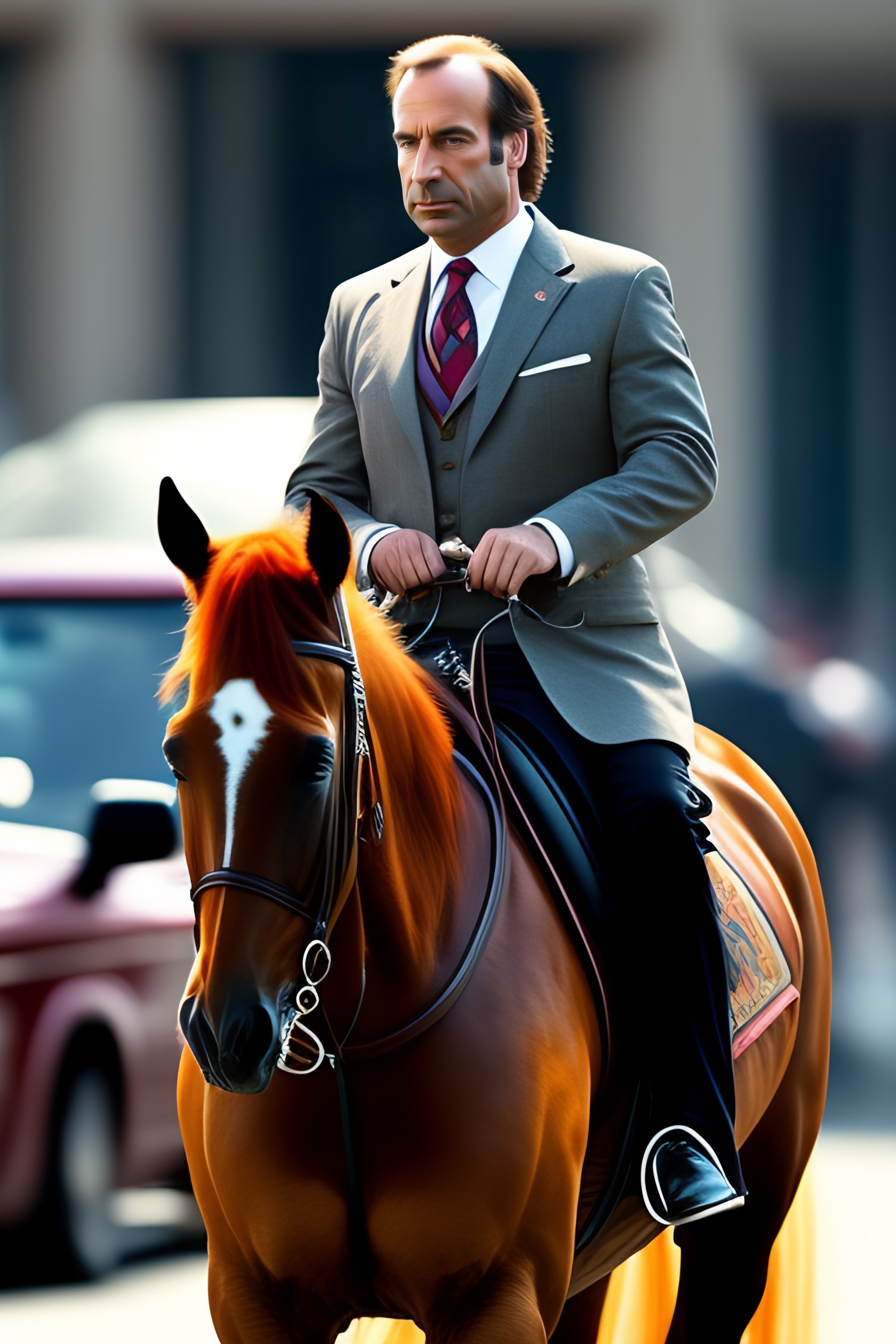 Lexica - Saul goodman riding a pony to work. downtown. realistic. funny.