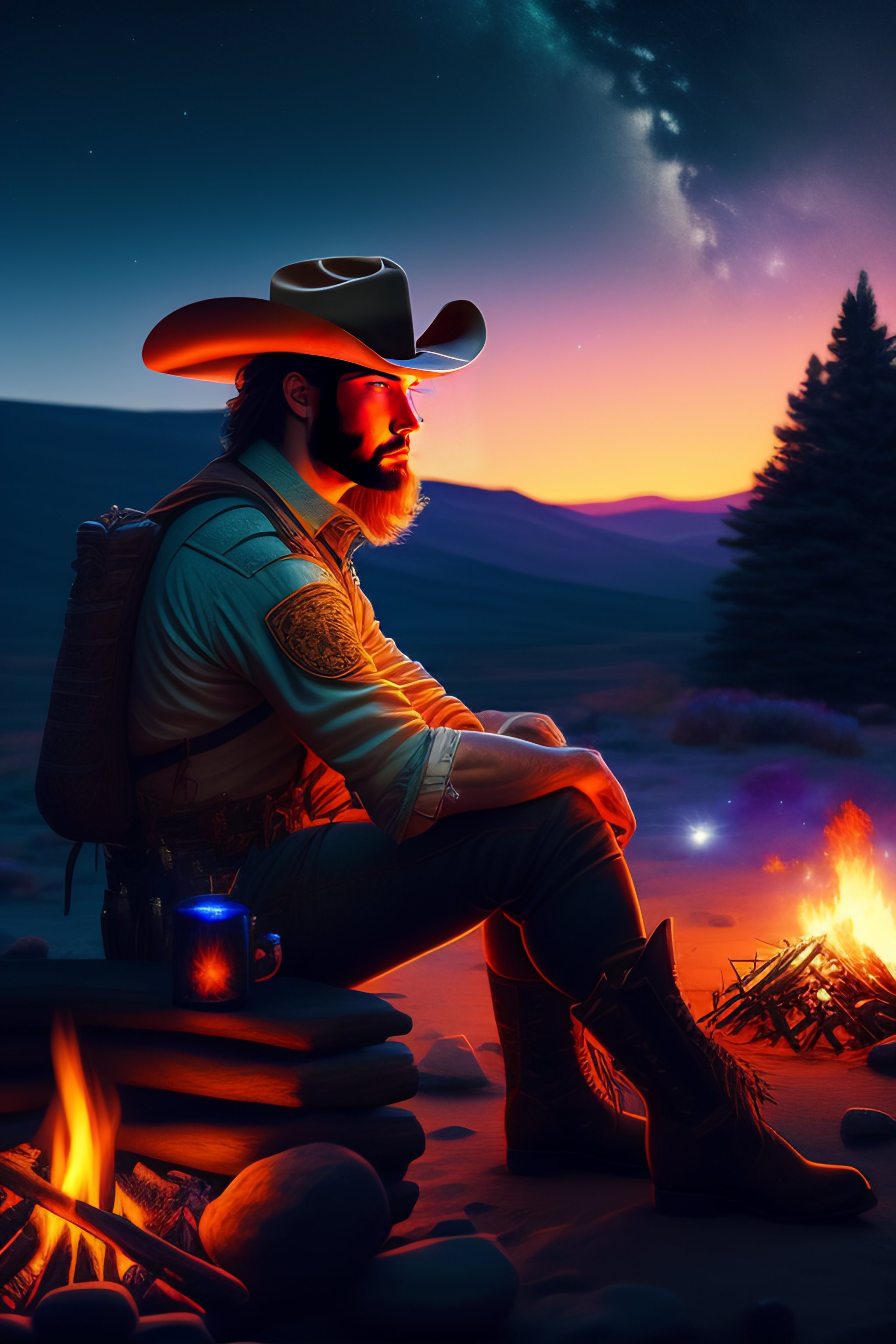 Lexica - Handsome rugged cowboy sitting at a campfire, gorgeous night ...