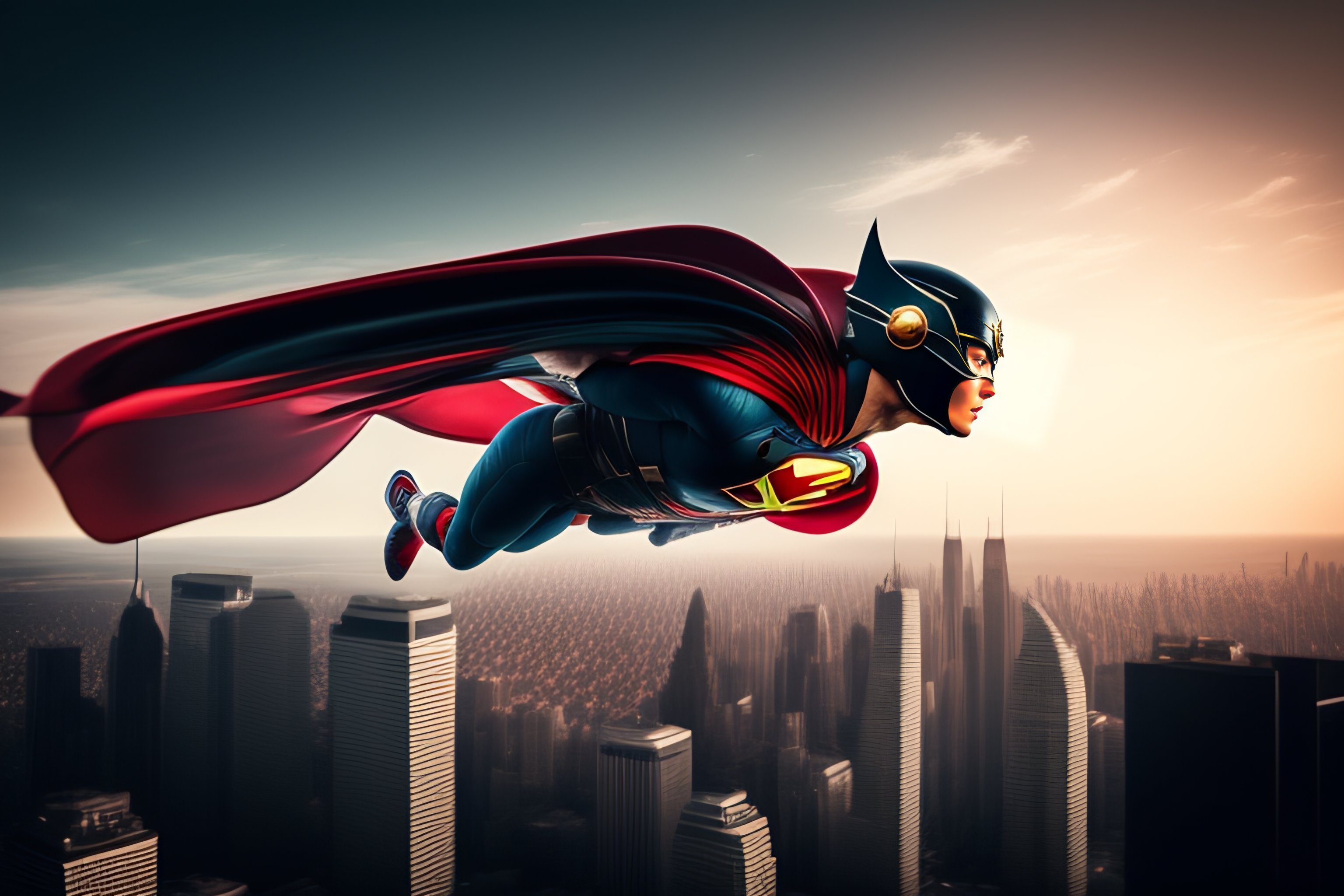 Lexica - Flying super hero human over city with wings
