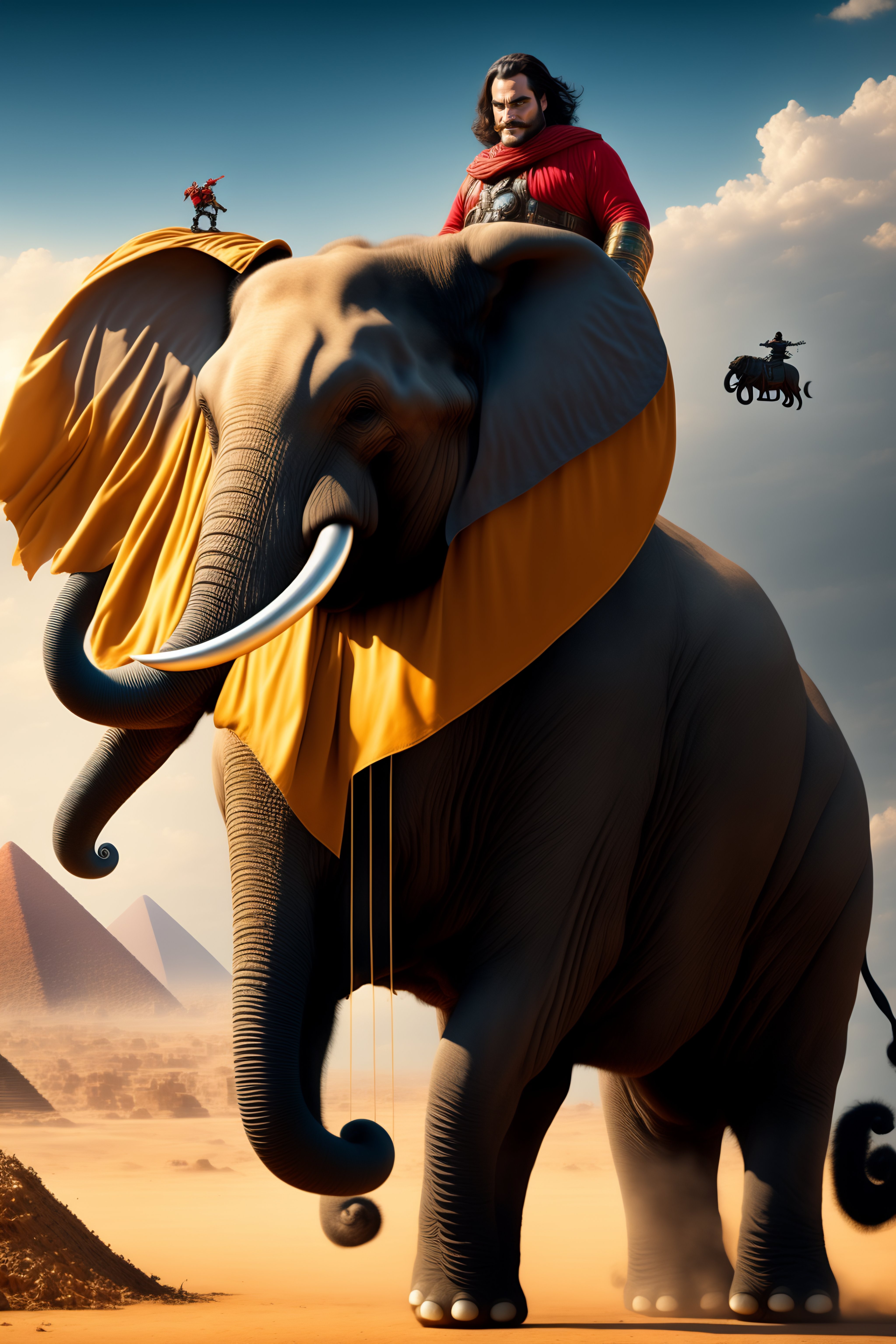 Lexica - Joaquin Phoenix riding a flying elephant above giza city ...