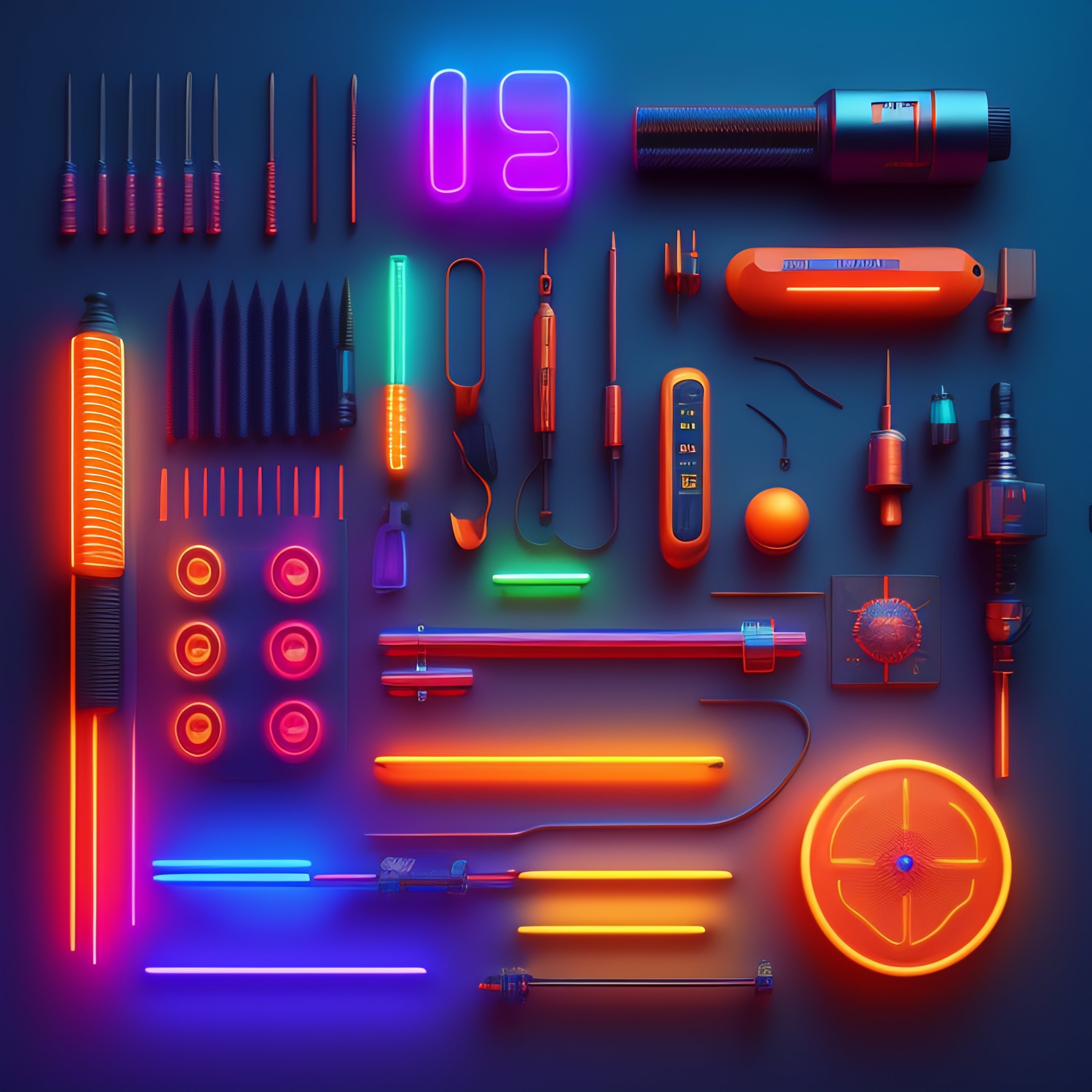 Lexica - Futuristic neon tools, Costumes and props, Knolling, Knolling ...