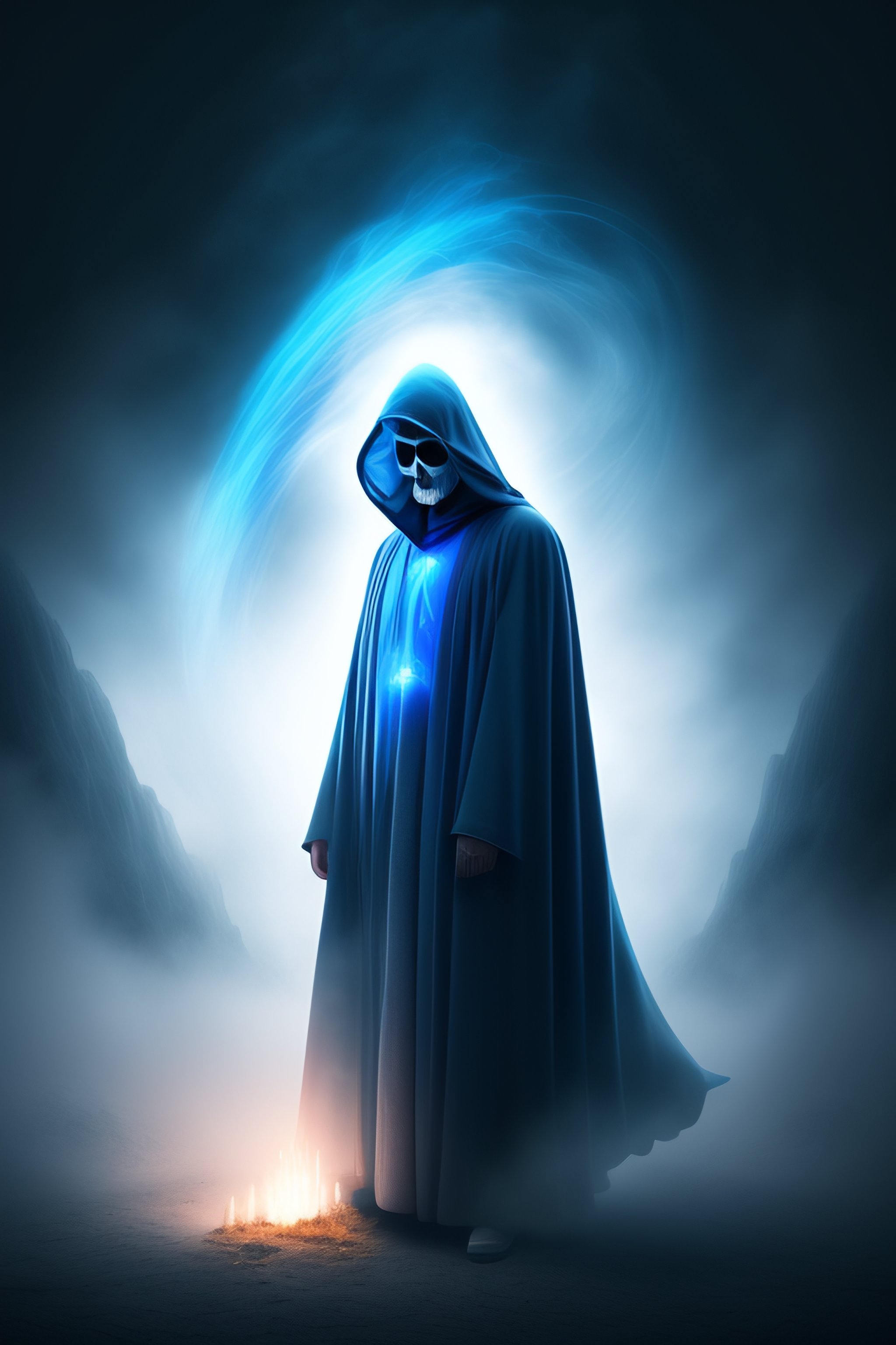 Lexica - Grim reaper, wearing a gray robe, spectral blue magical aura ...