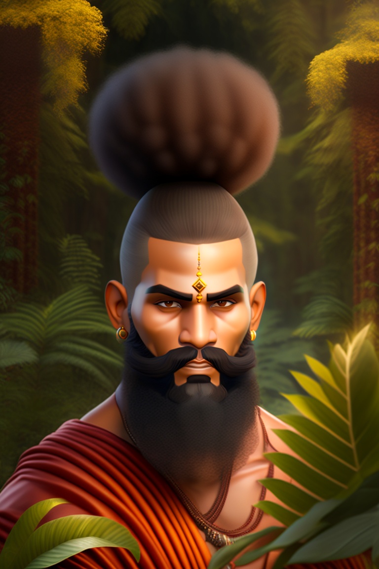 Lexica - Indian monk with big beard and Big hair,fair skin, in jungle