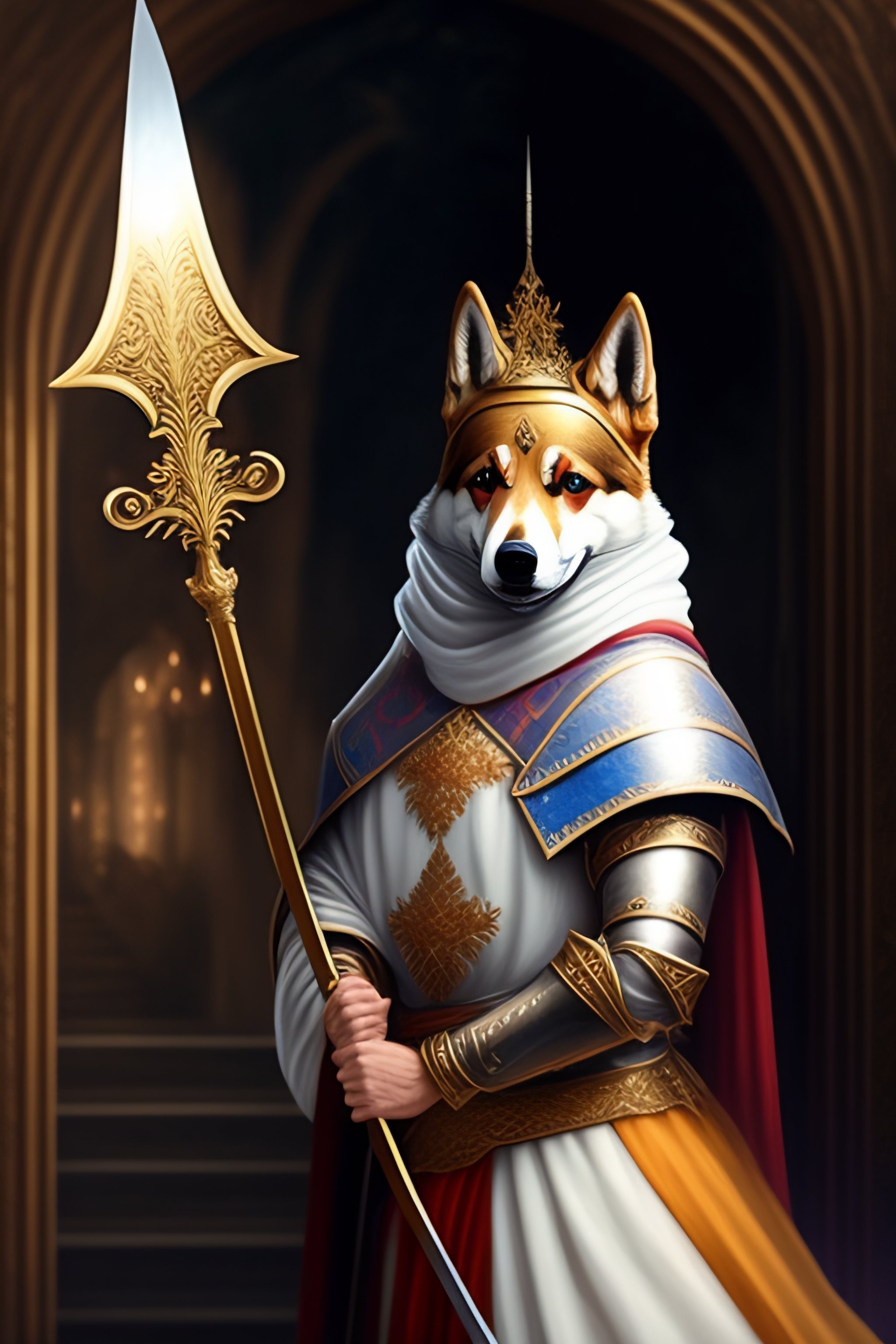 Lexica - A Doge Crusader holding a magic sword.