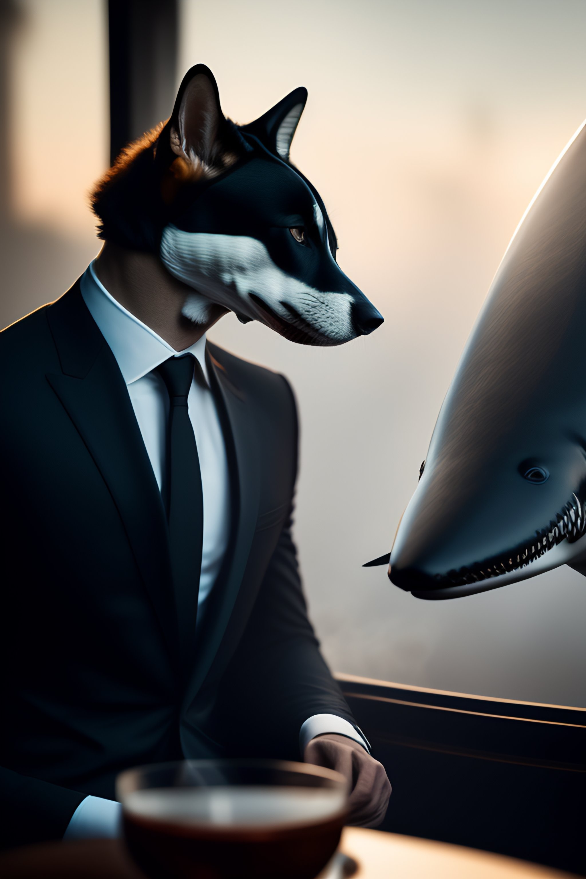 Lexica - Elegant shark, black suit, smoking a very smoky cigarette ...