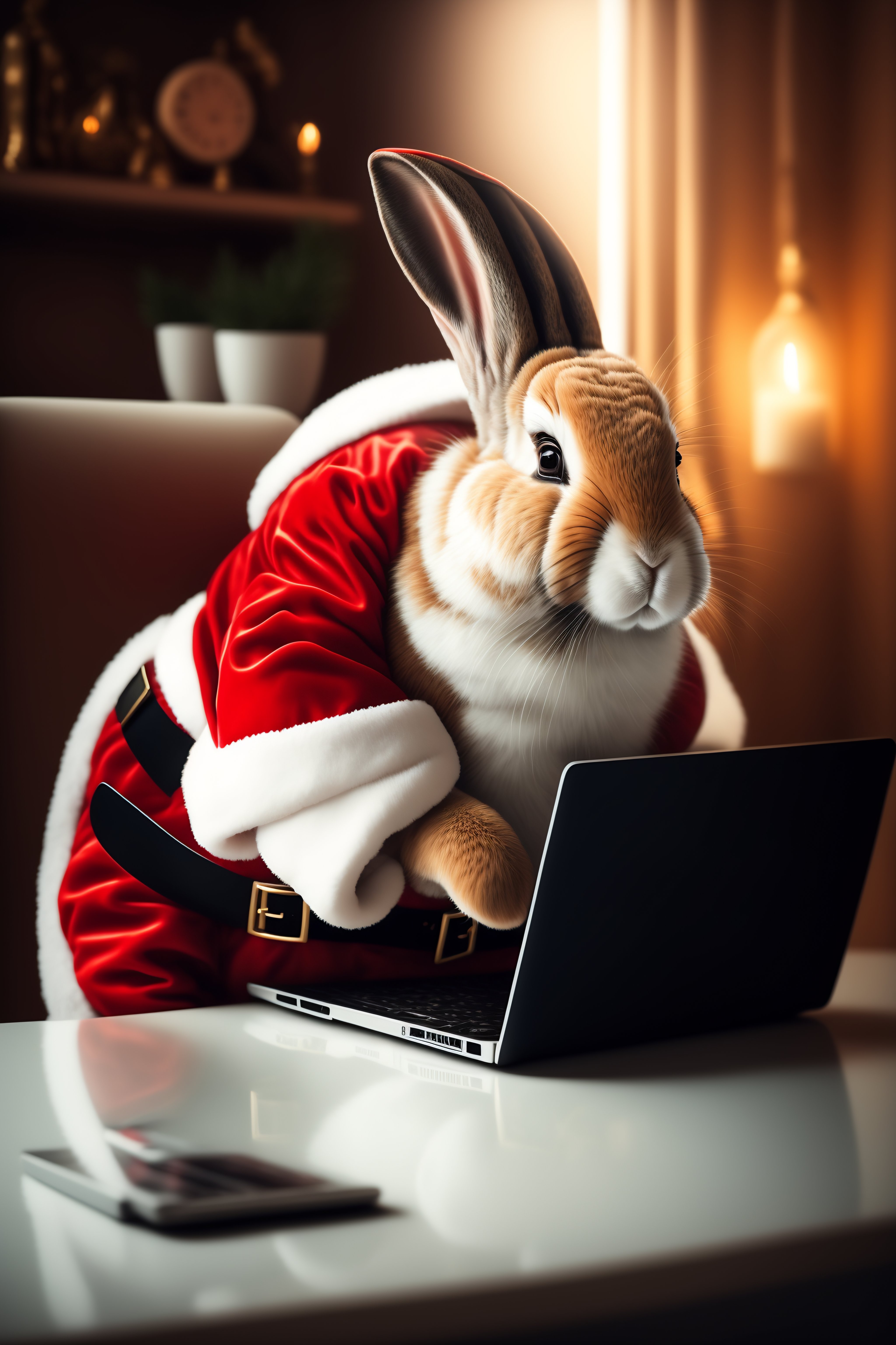 Lexica - Bunny Santa working on a laptop