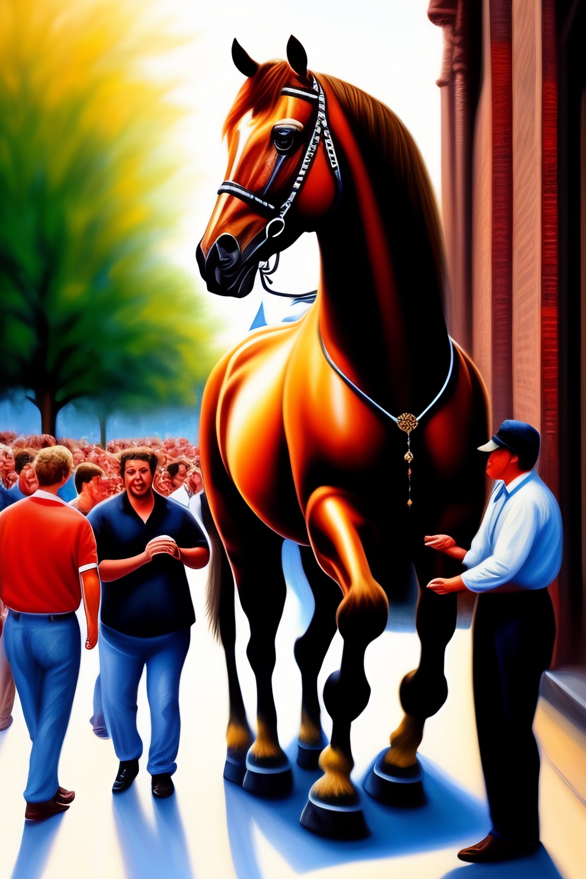 Lexica - Realistic painting of the wood Trojan horse, as going in Troy ...