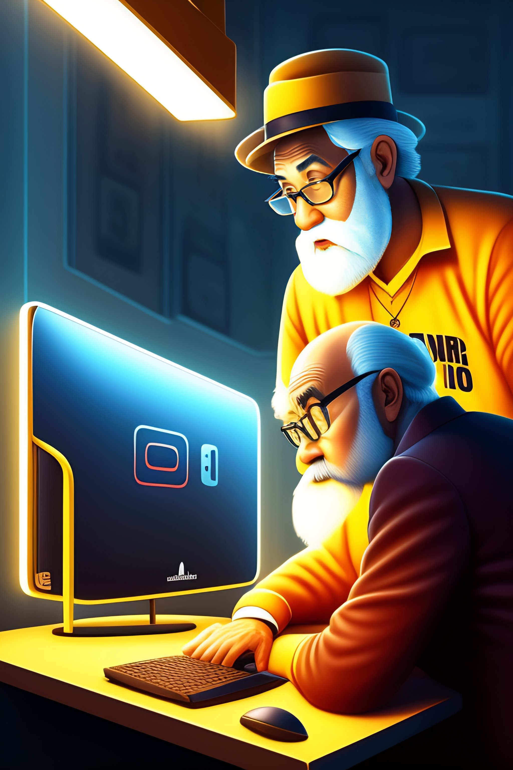 Lexica - Two man, a man is helping a Fifty-year-old man at desktop with ...