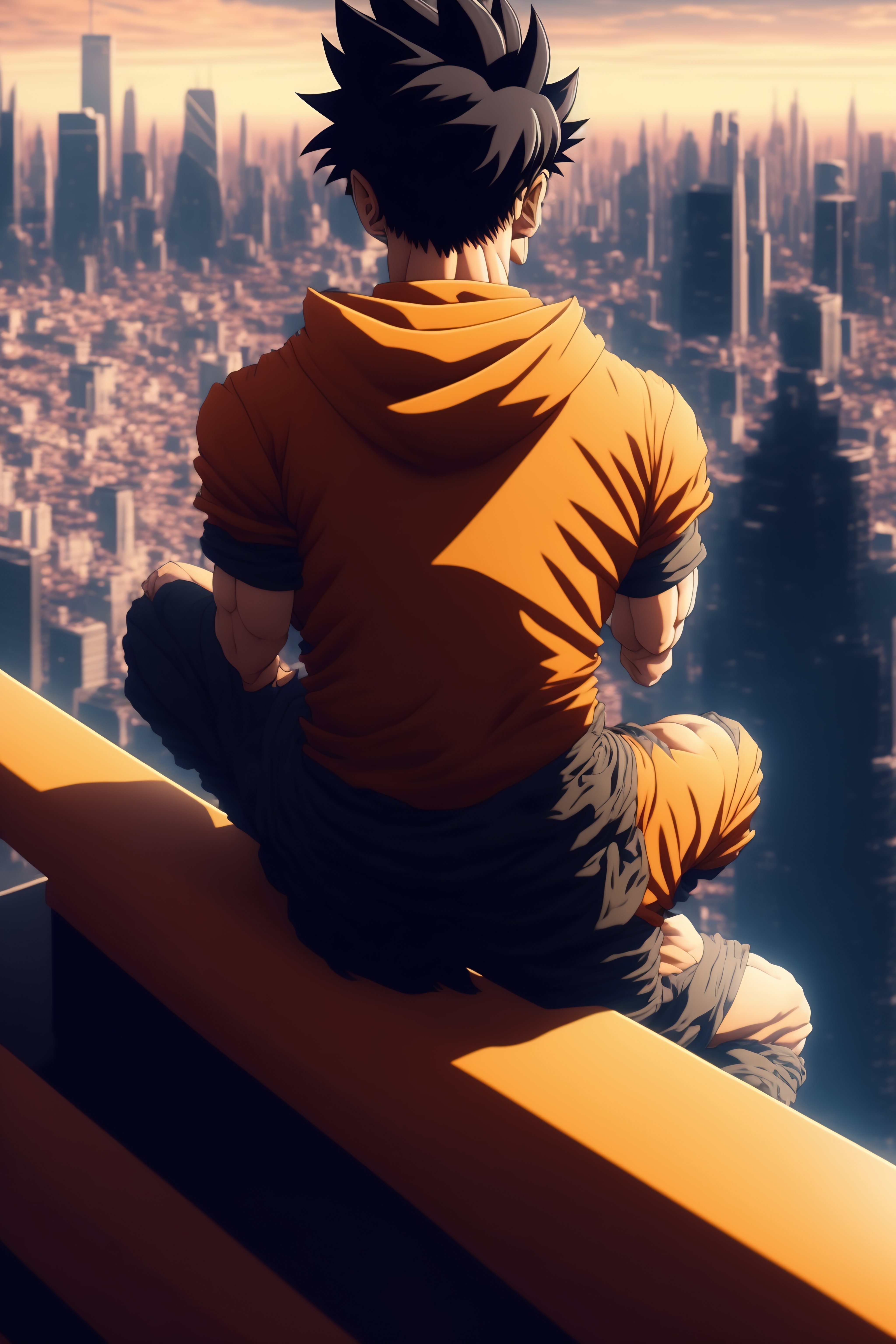 Lexica - Son Goku sitting on a roof looking down at a city below ...