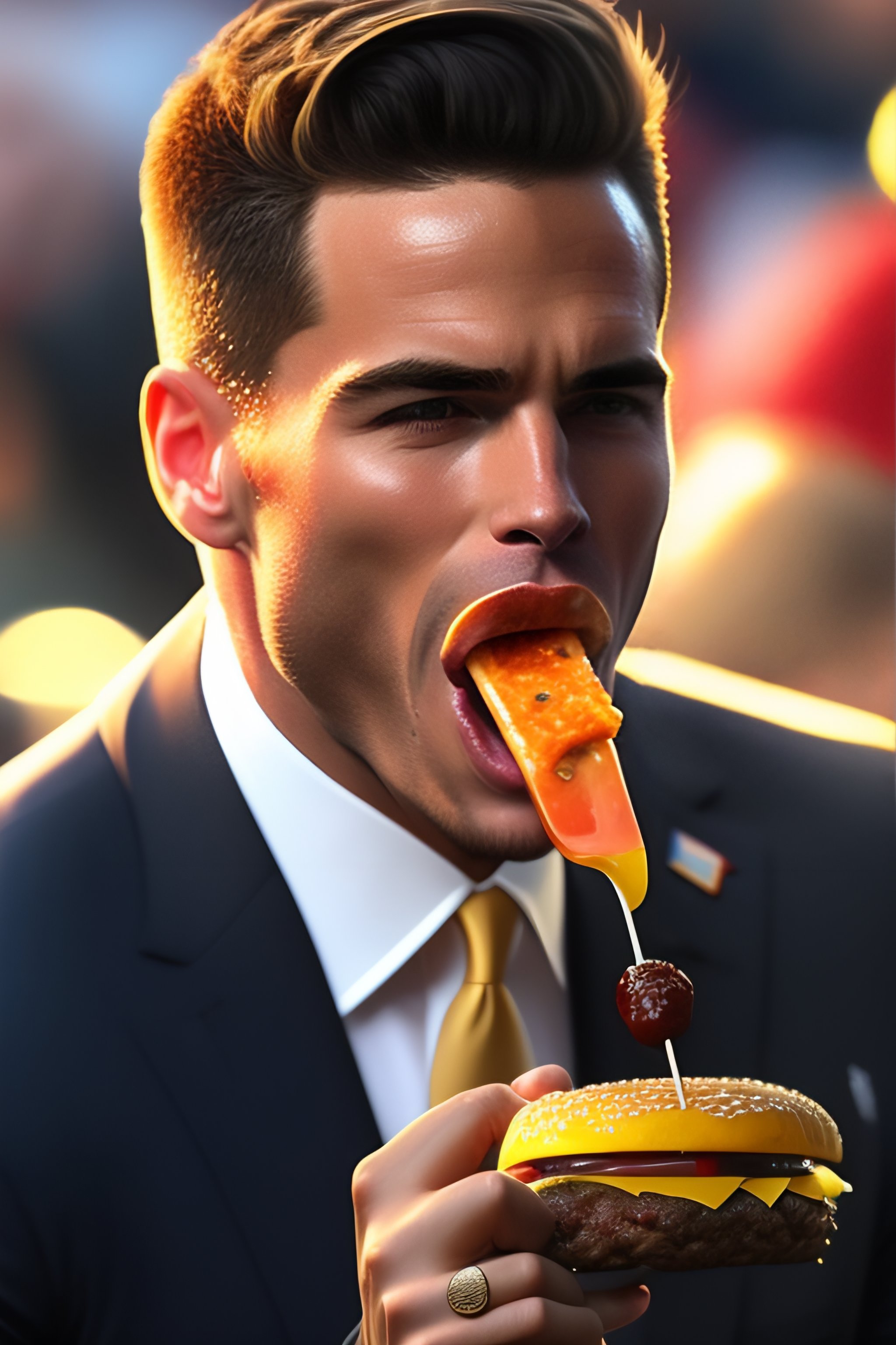 Lexica - He is eating a burger. he is eating it with his hands. he is ...