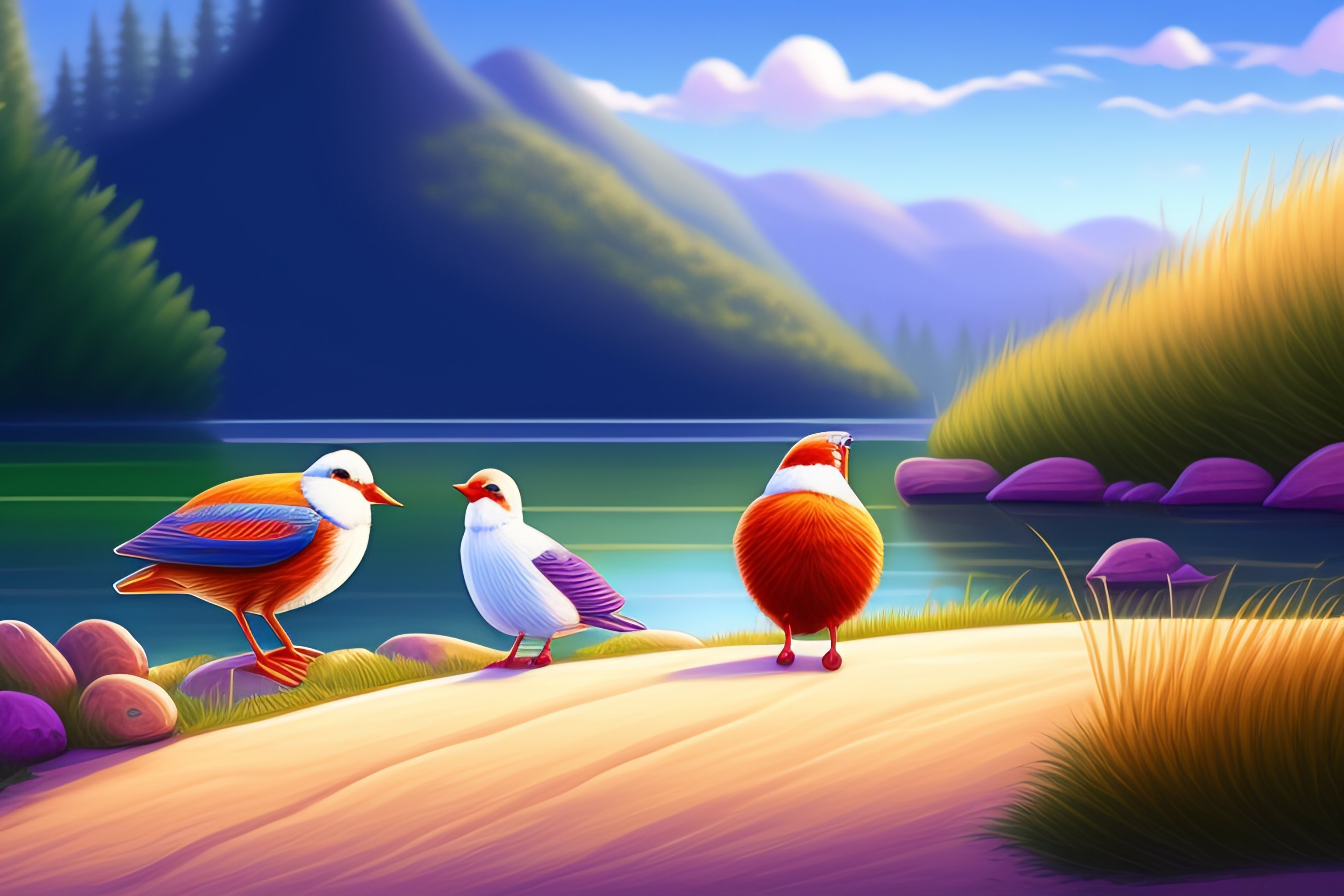 Lexica - A cartoon pictures of Birds walking near lake , in indain ...