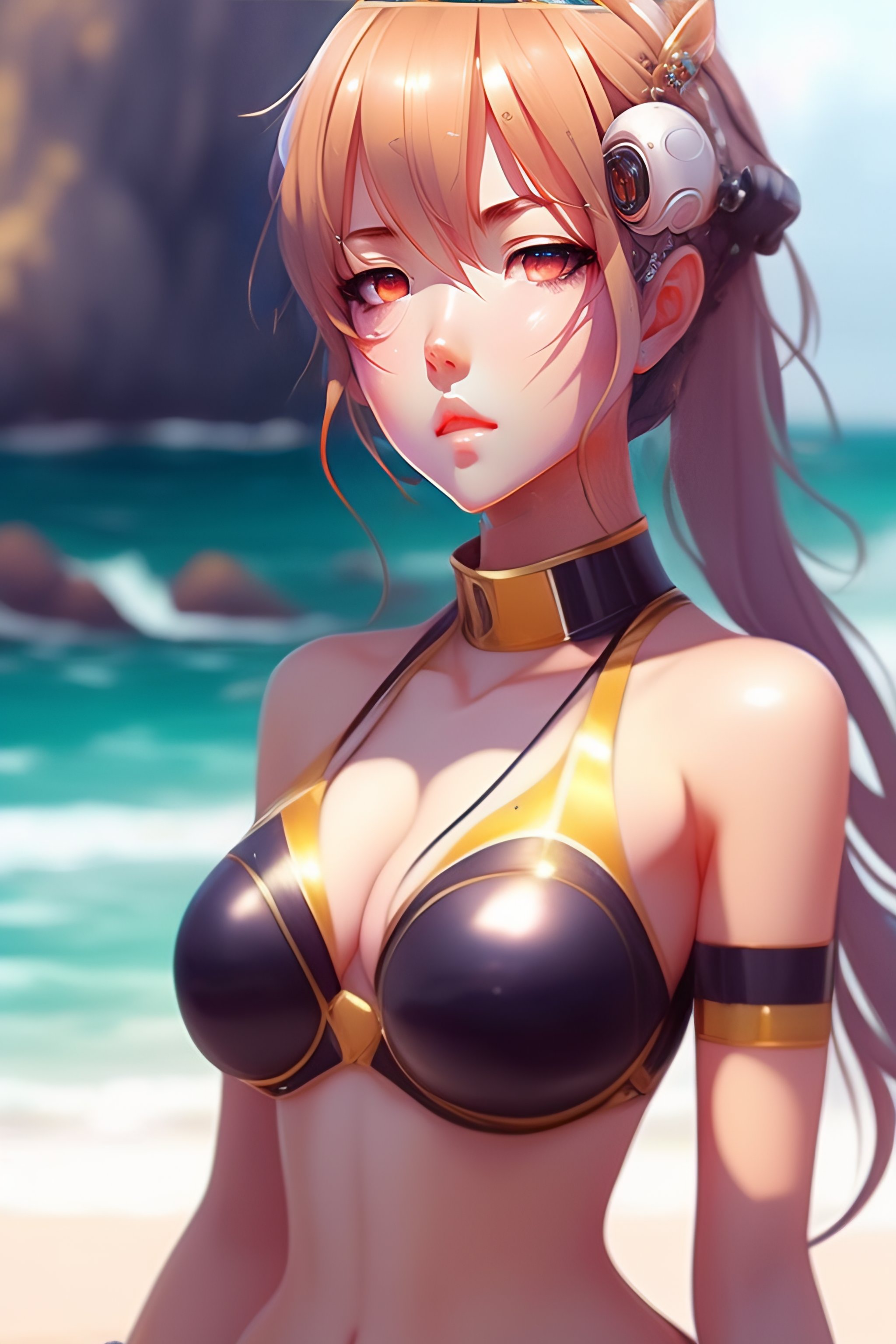 Lexica - Style manga, girl robotic, 4k, master piece, sitting on the beach, krenz cushart, bikini