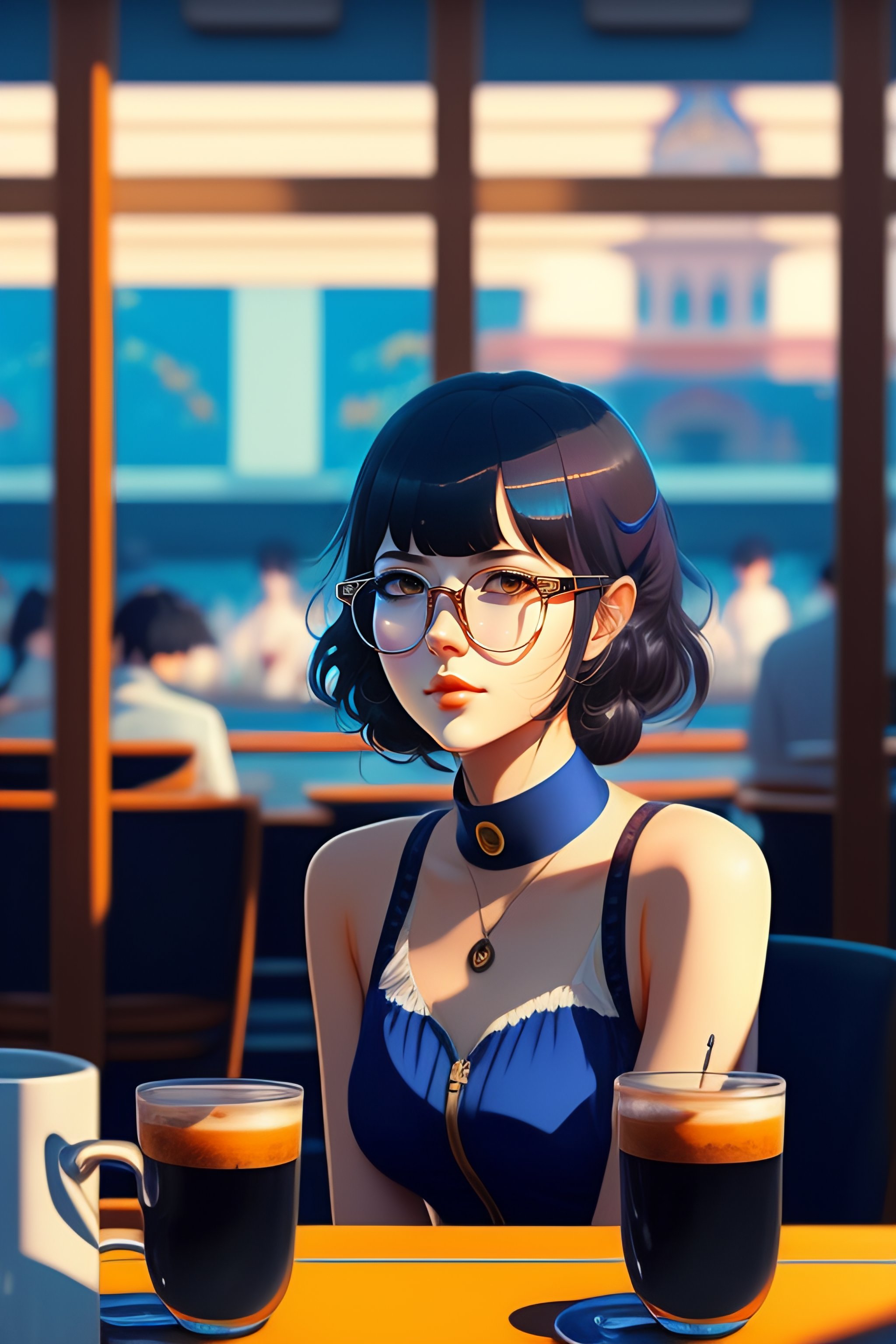 Lexica - Cute girl in blue dress black hair black wayfarer glasses sitting psychedelic patterns ...