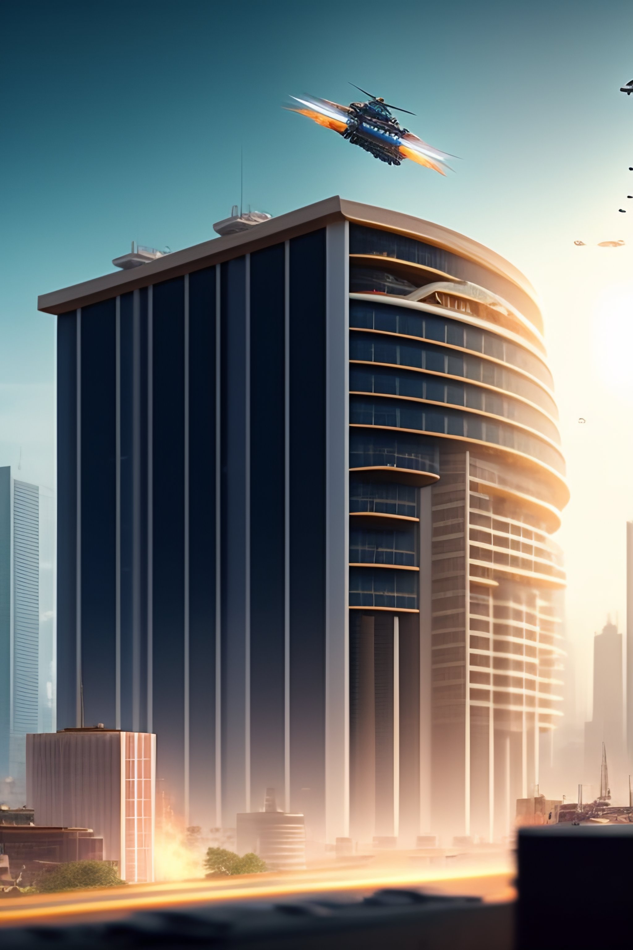 Lexica - Hovering robot shooting, damaged buildings, destroyed city