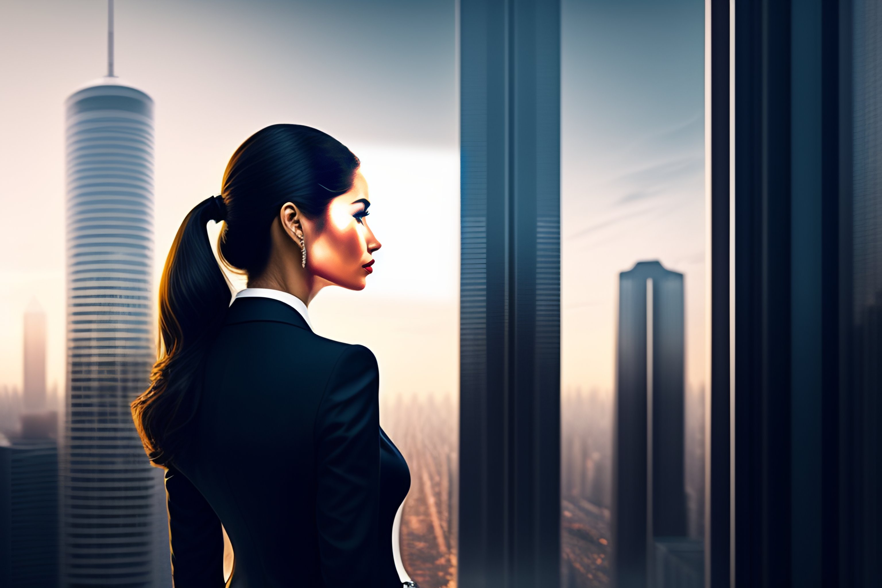 Lexica - Woman in suit staring down at dark skyscrapers over the ...