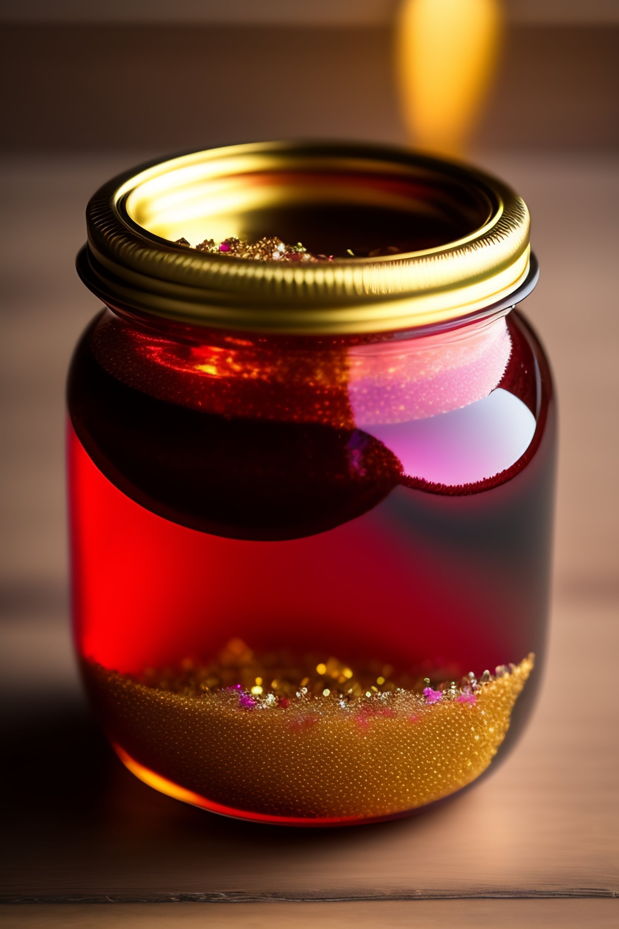 Lexica - Ruby gemstones mixed with gold flakes in a jar