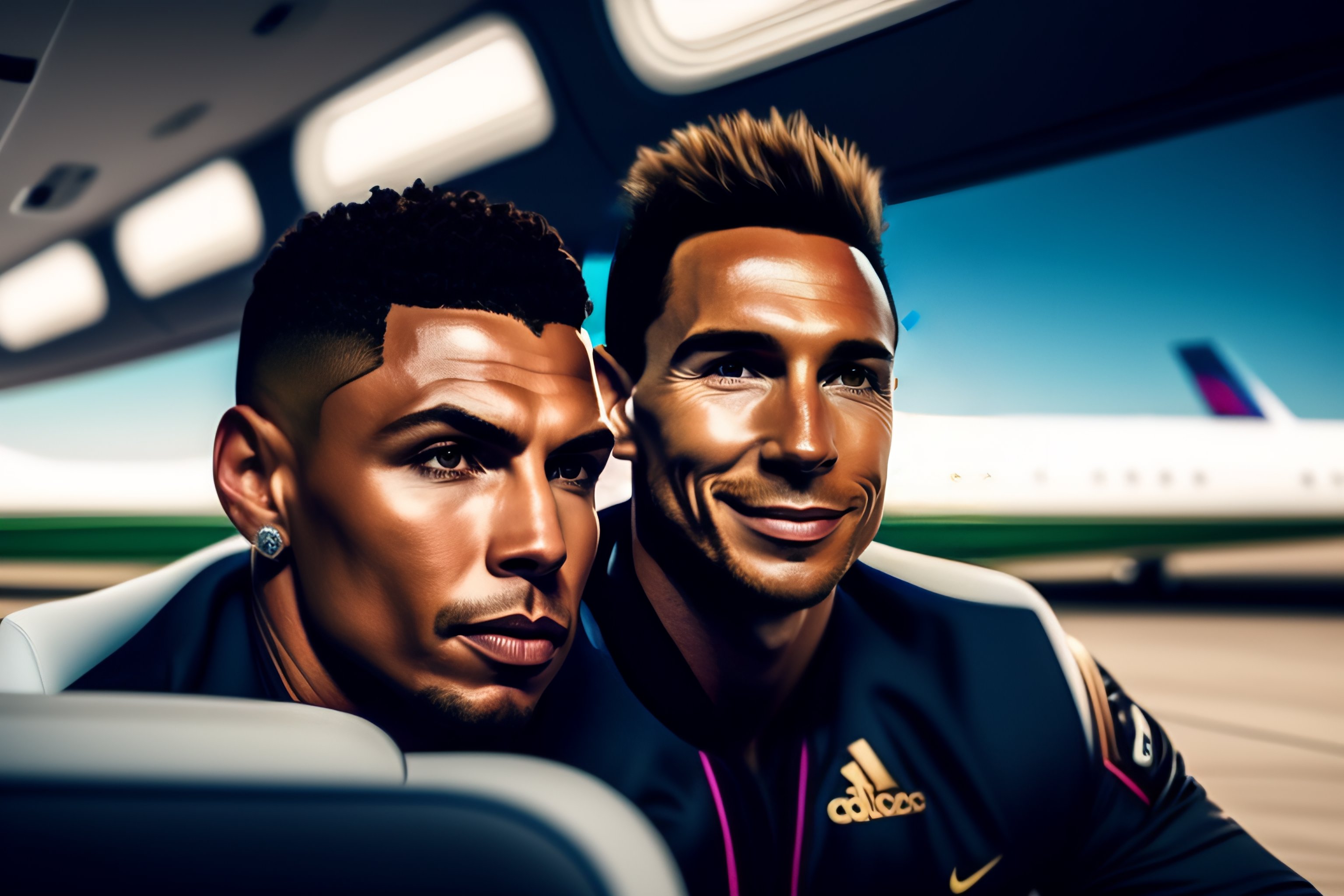 Lexica - 8k realistic shot of c-ronaldo and lionel messi, sitting in a private jet, c-ronaldo's ...