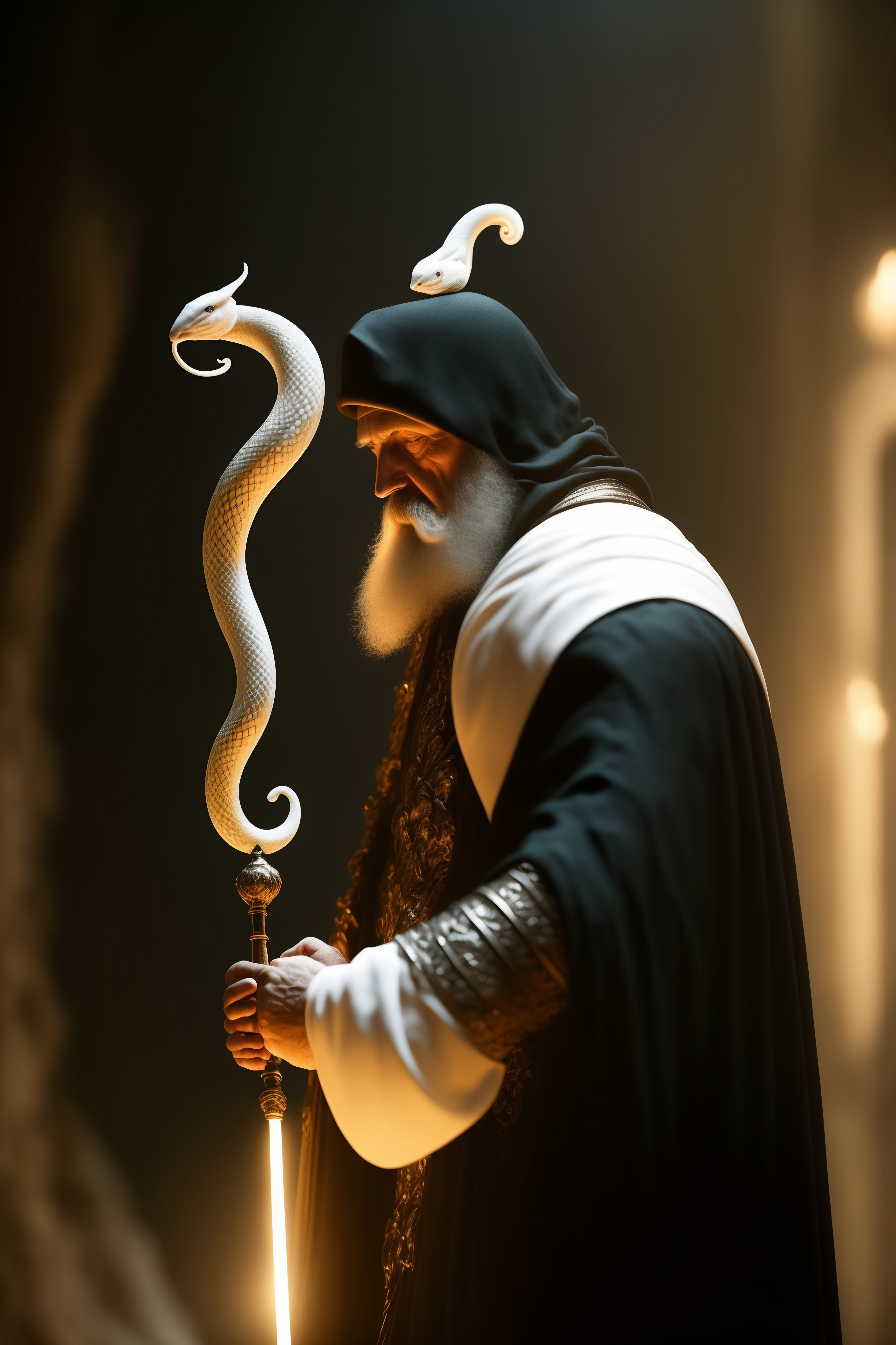 Lexica - One Greek wizard in dark robe hold a staff that has a white ...