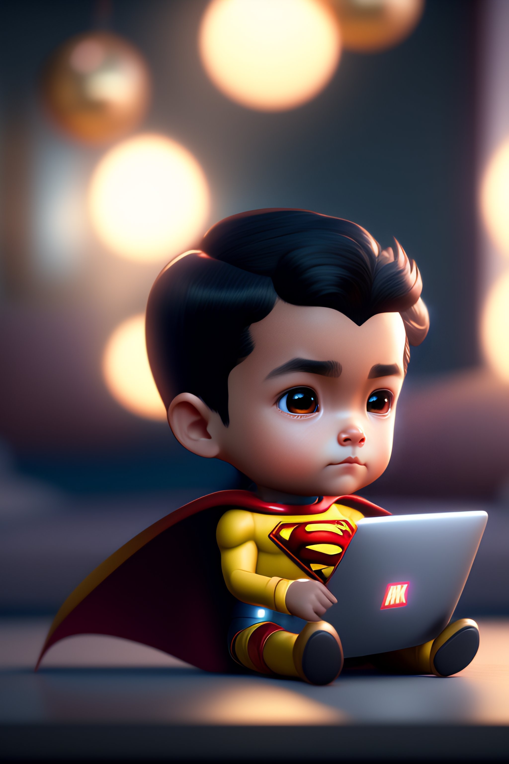 Lexica - Cute small humanoid superman sitting in front of laptop ...