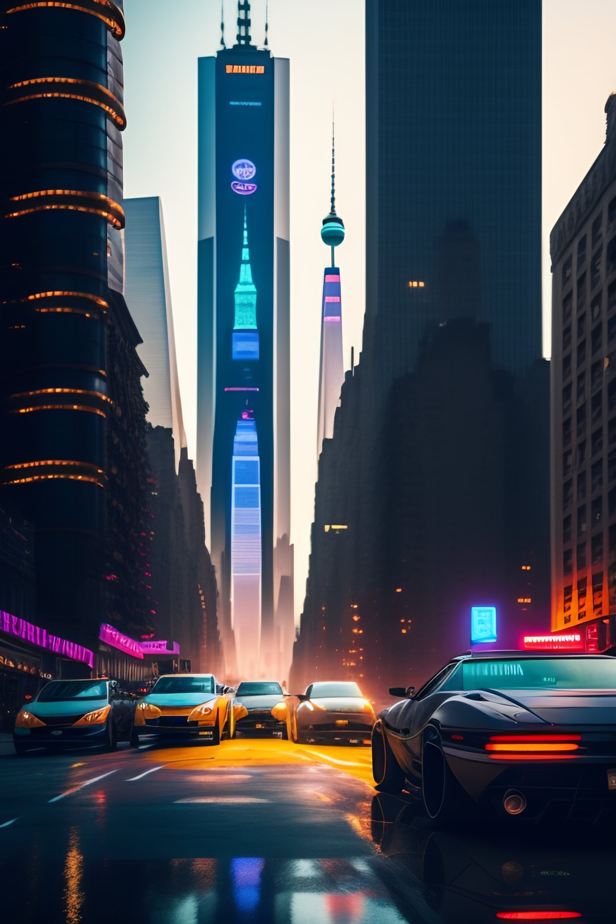 Lexica - Realistic cyberpunk horizon of NYC with cars