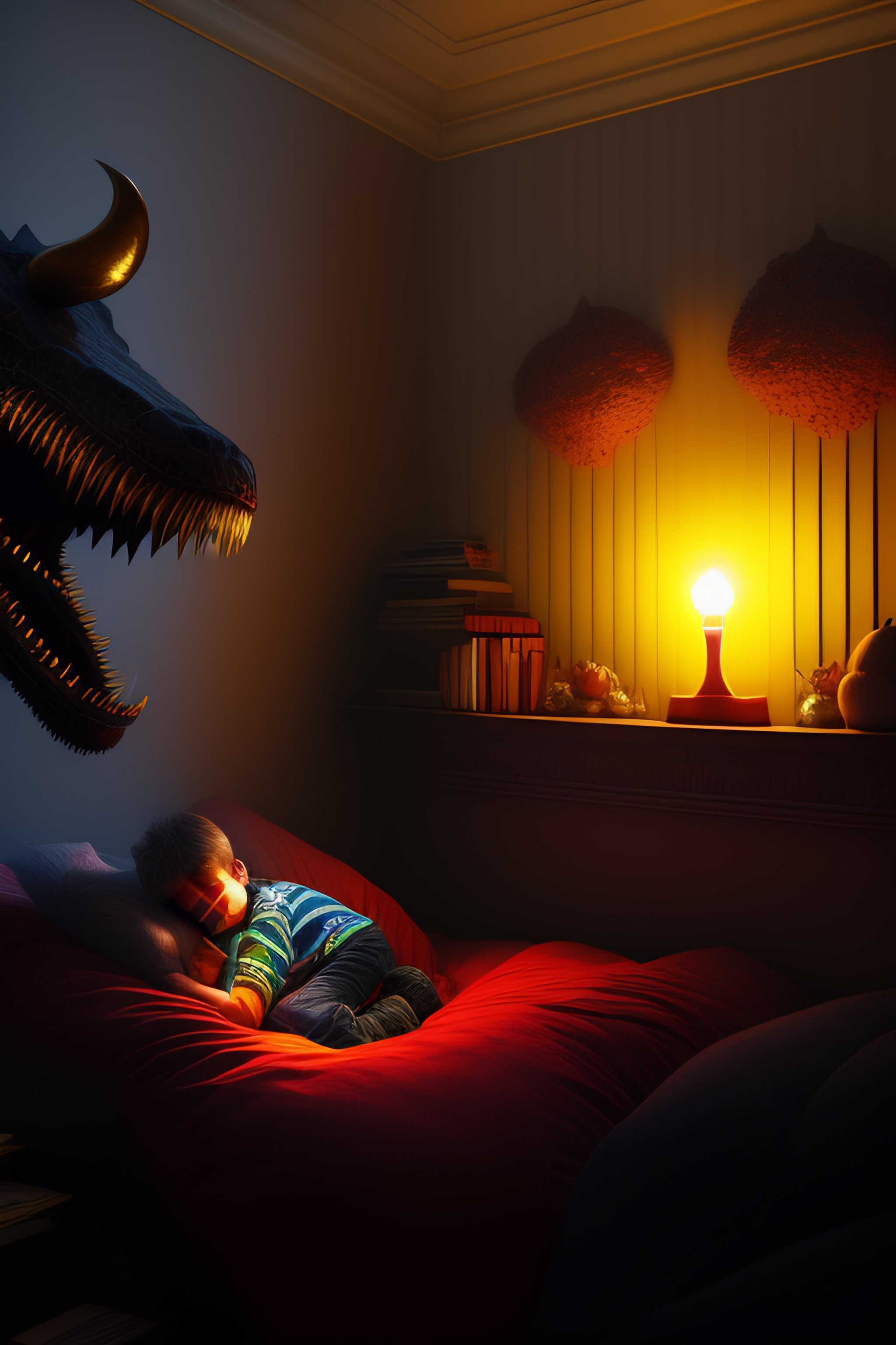 Lexica - A young boy asleep in his bedroom while a terrifying monster ...