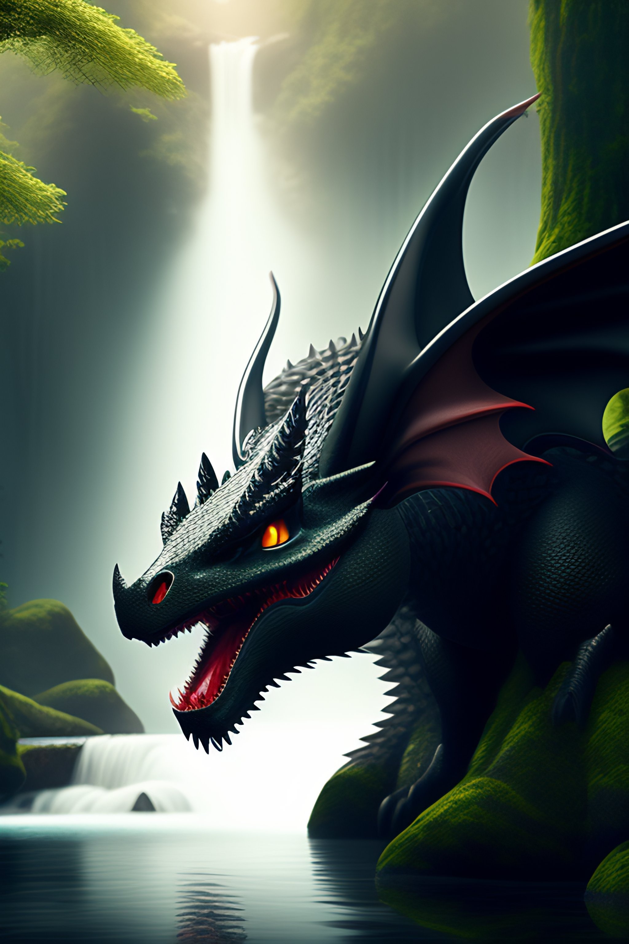 Lexica - Anthropomorphic dragon Toothless in a middle of forest with river