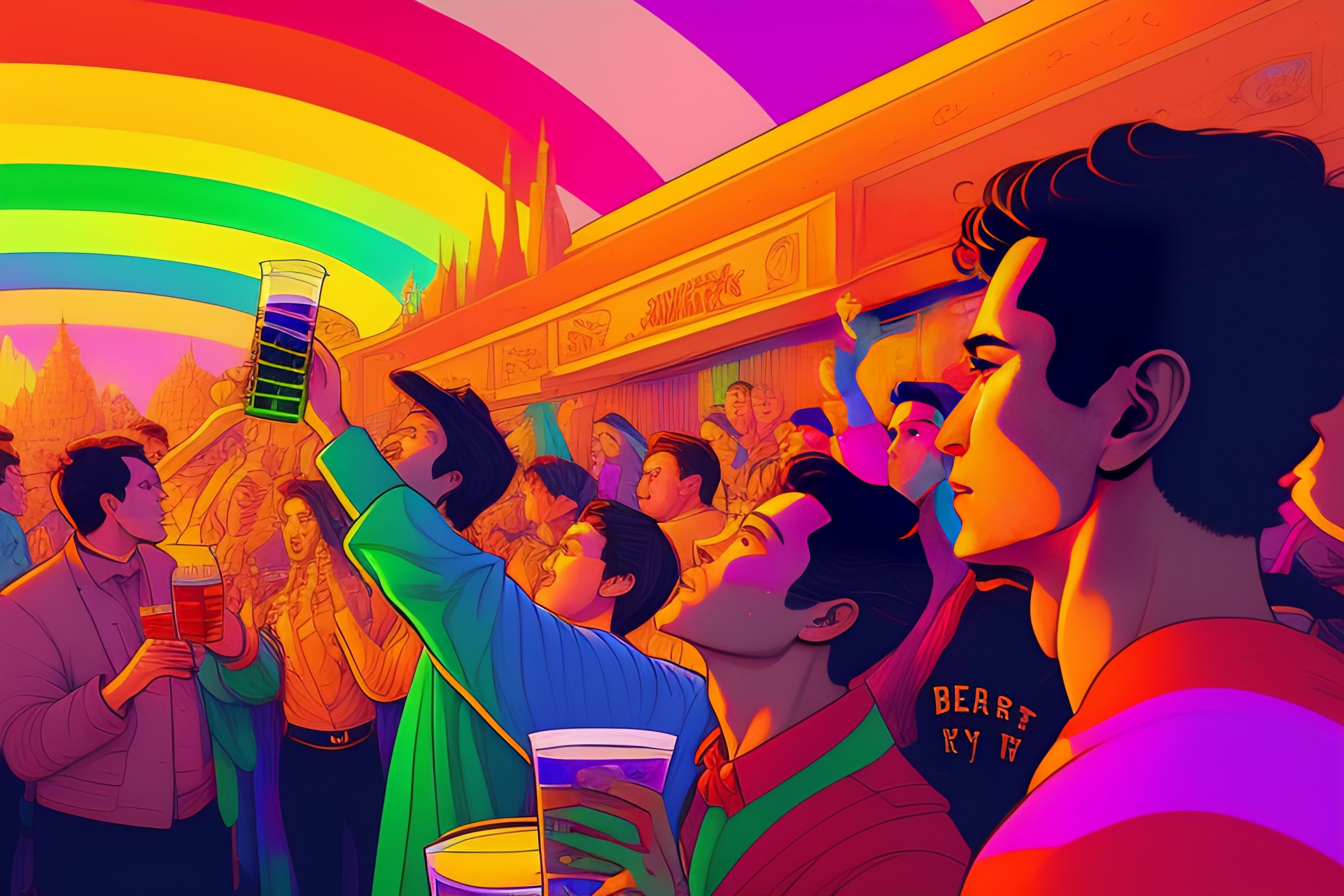 Lexica - Friends cheer with beer in a bar, rainbow colors, gay ...