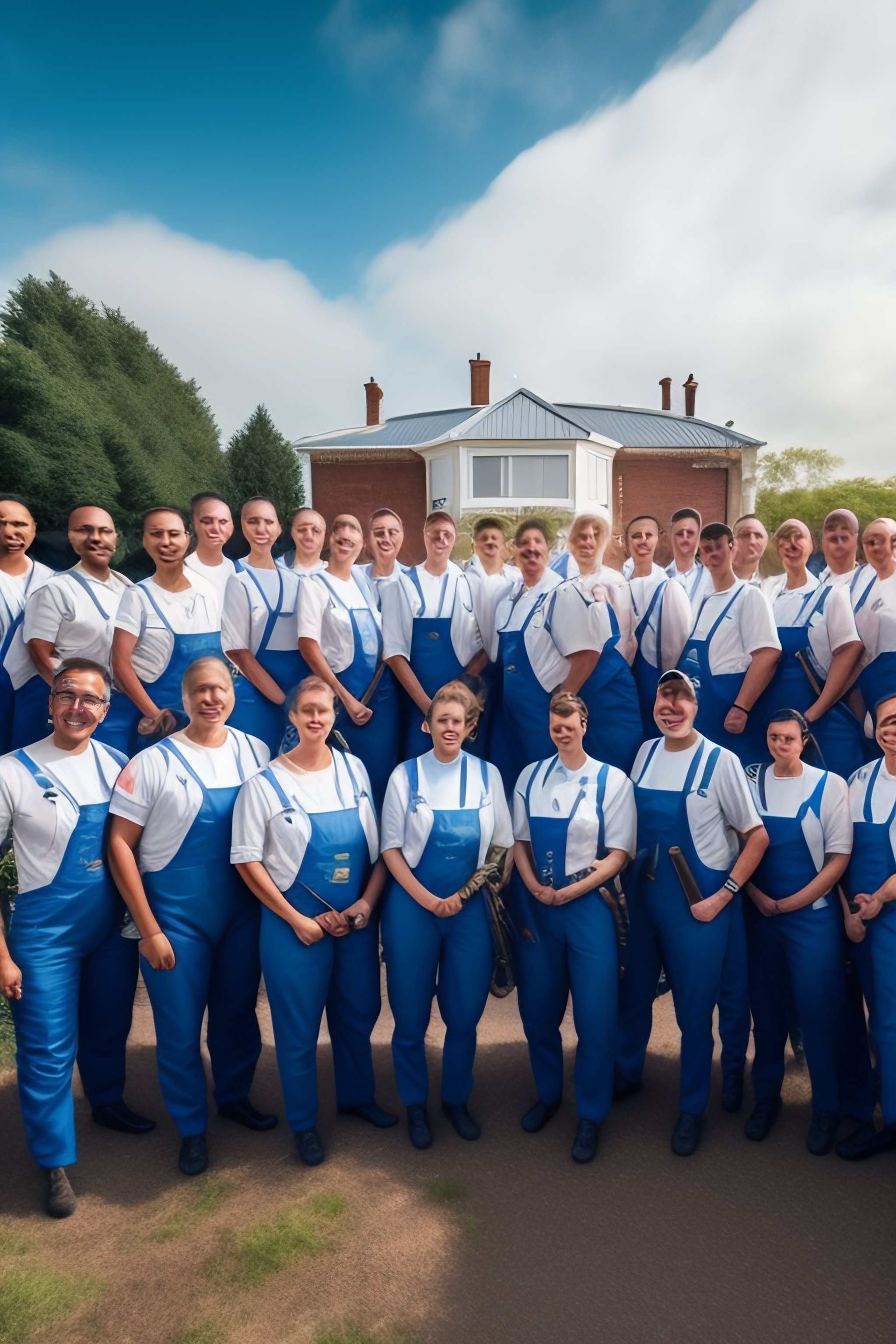 Lexica - An army of smiling painters wearing white dungarees holding ...